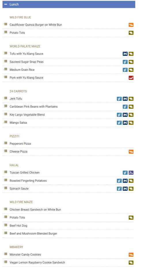Mosher-Jordan Dining Hall menu in Ann Arbor, Michigan, USA