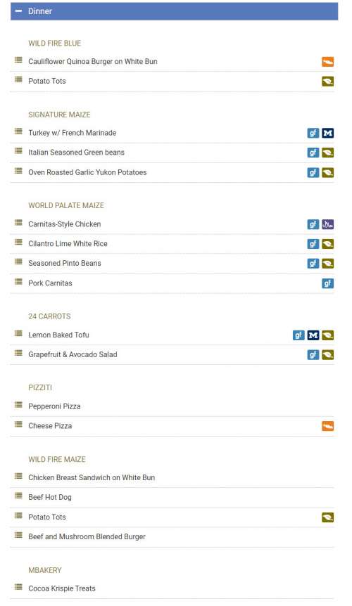 Mosher-Jordan Dining Hall menu in Ann Arbor, Michigan, USA