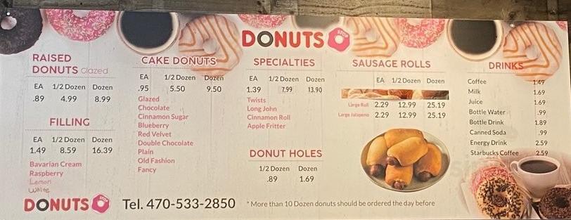Donut Stop menu in Cumming, Georgia, USA