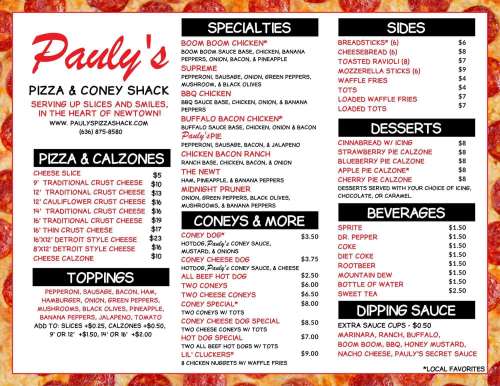 Pauly's Pizza and Coney Shack menu in St Charles, Missouri, USA