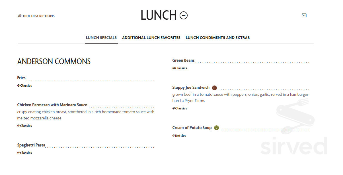 Anderson Commons menu in Wheaton, Illinois, USA