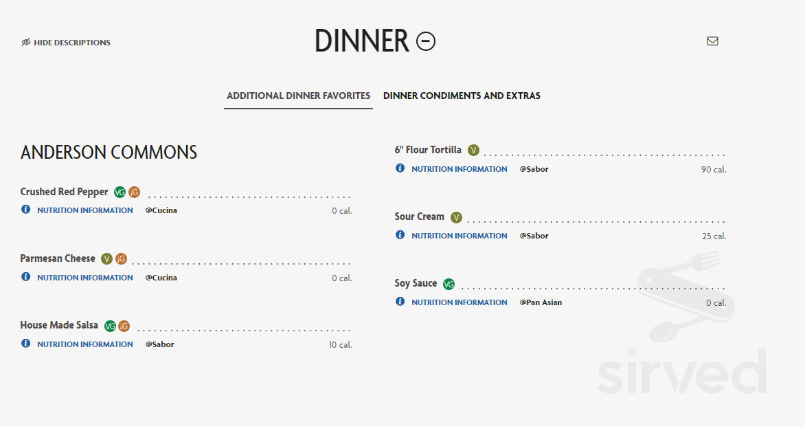 Anderson Commons menu in Wheaton, Illinois, USA