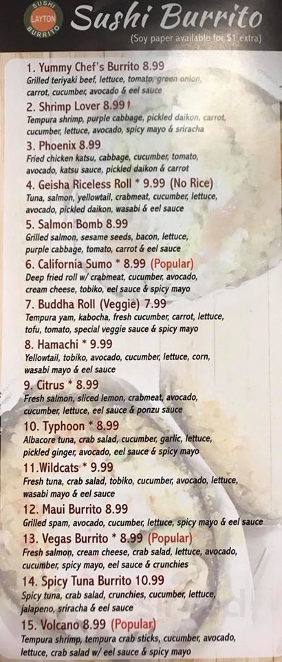 Menu - Layton UT's Sushi Burrito | Sirved