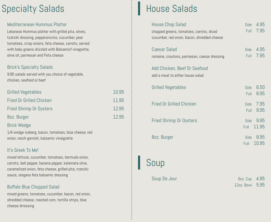 Menu - Beaufort SC's Bricks On Boundary | Sirved