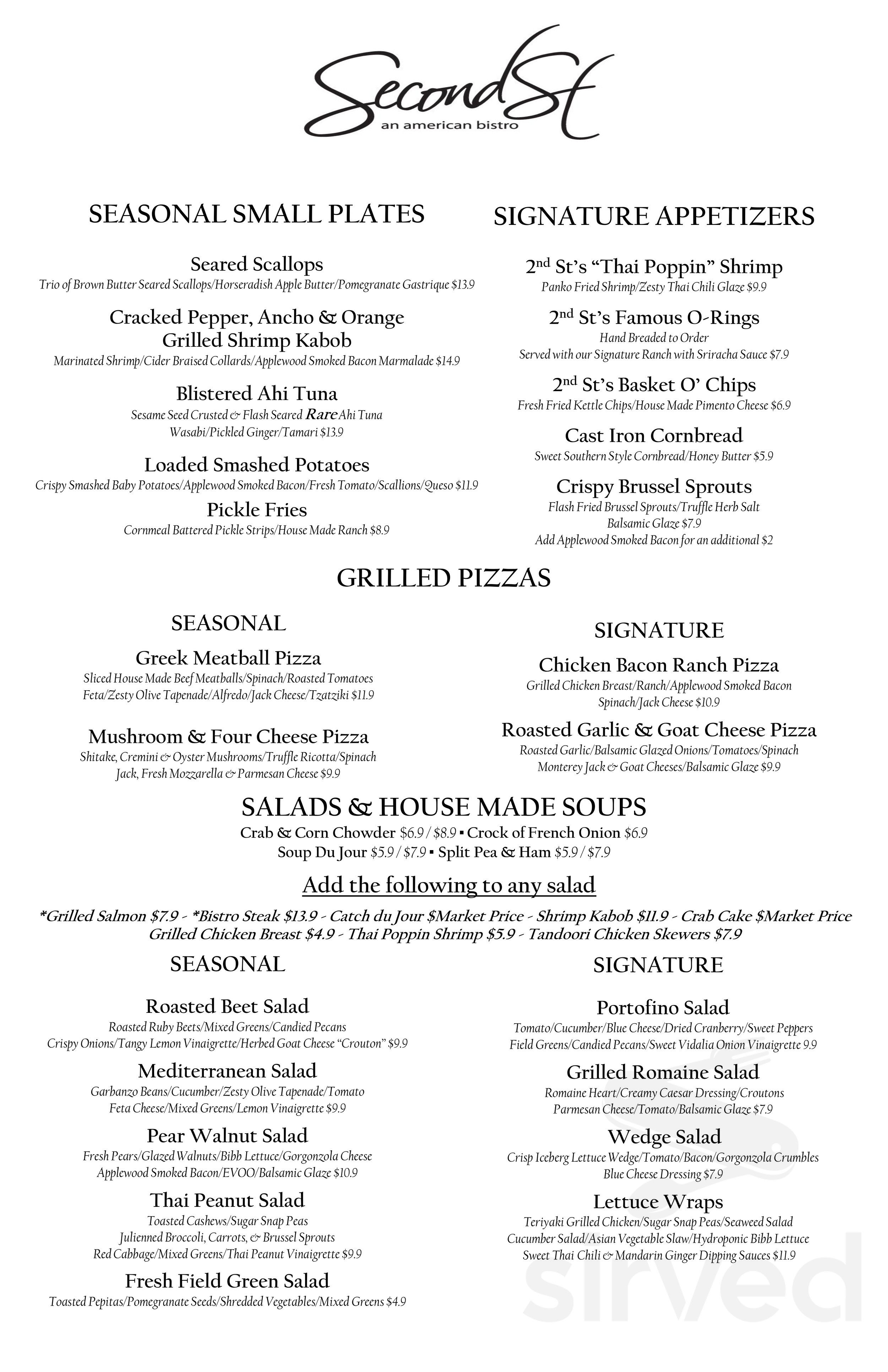 Second Street American Bistro menu in Williamsburg, Virginia, USA