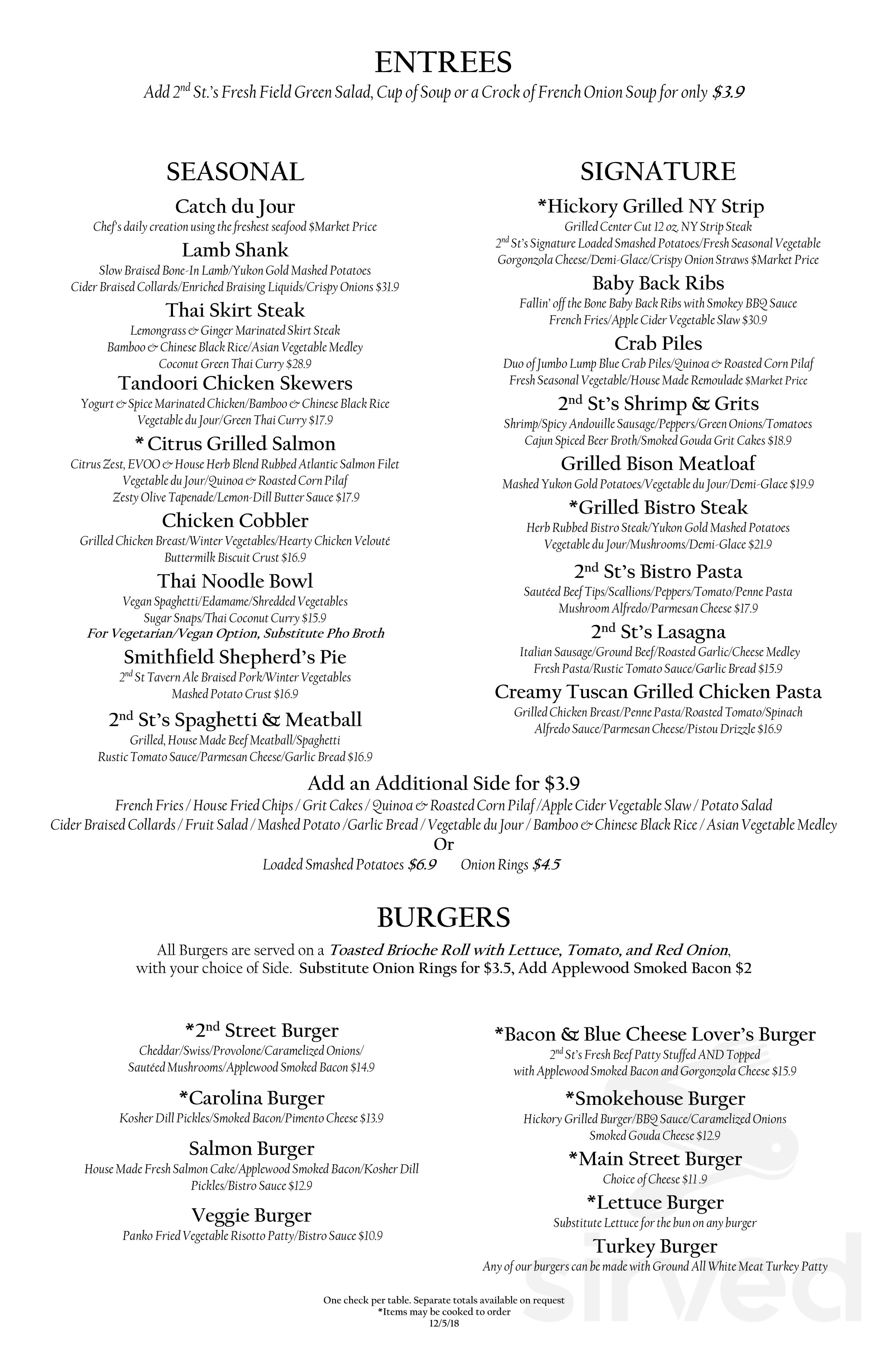 Second Street American Bistro menu in Newport News, Virginia, USA