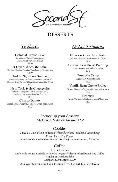 Second Street American Bistro menu in Williamsburg, Virginia, USA