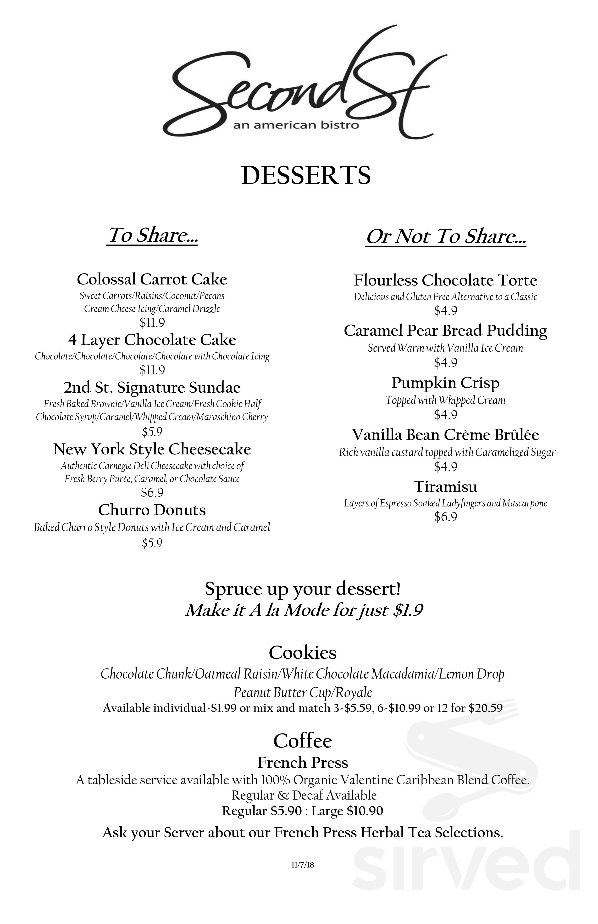 Second Street American Bistro menu in Newport News, Virginia, USA
