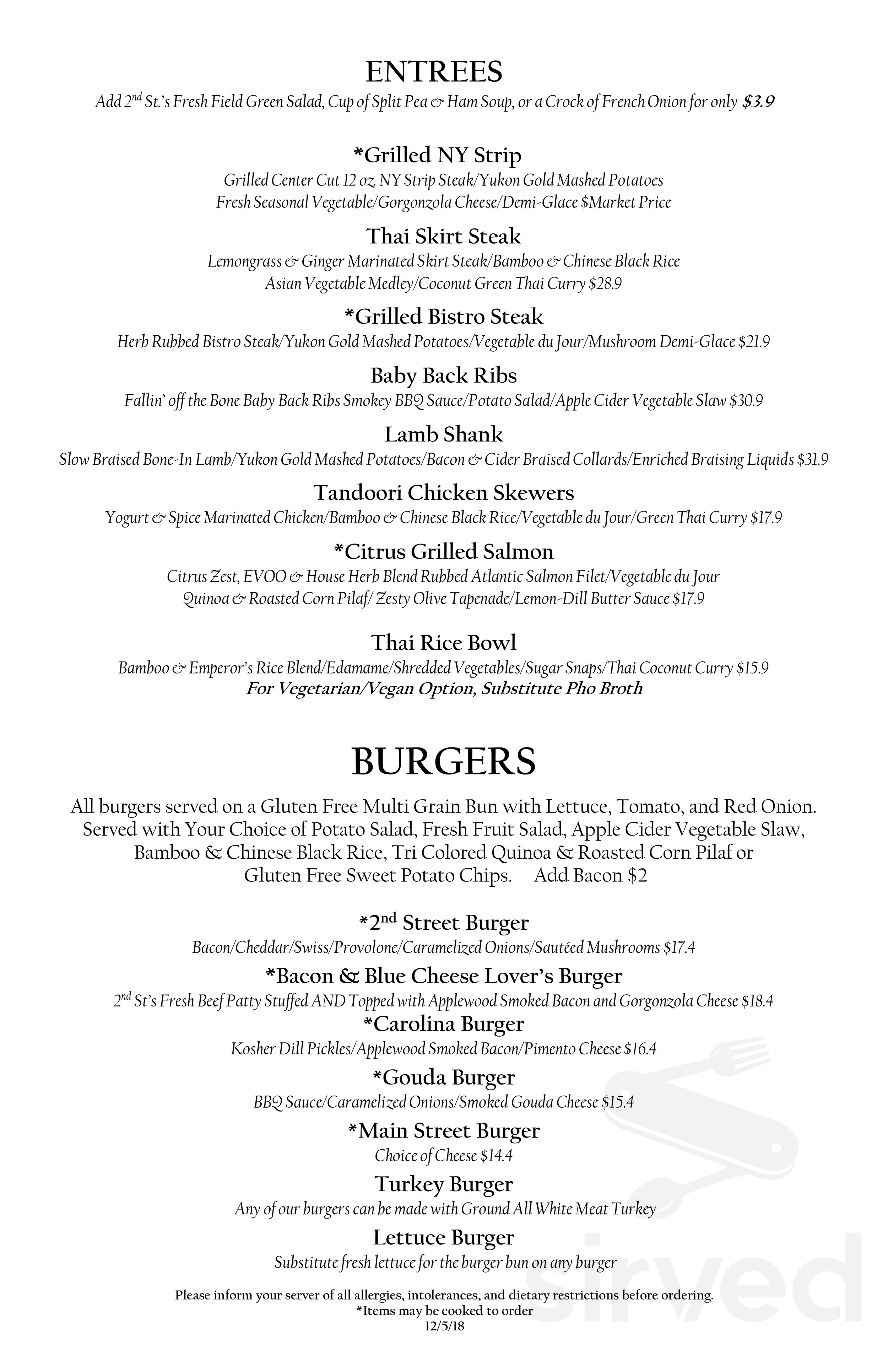 Second Street American Bistro menu in Williamsburg, Virginia, USA