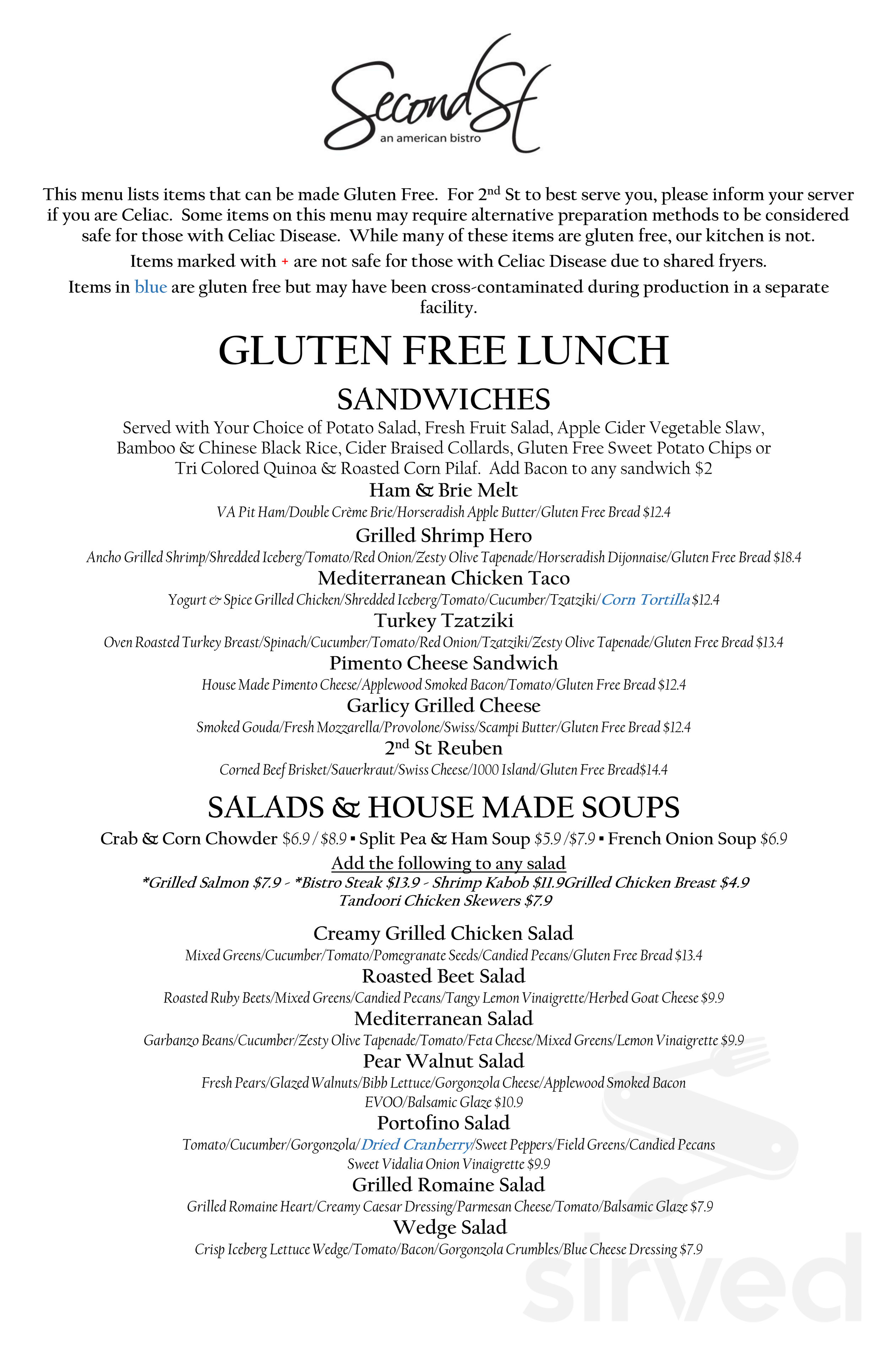 Second Street American Bistro menu in Williamsburg, Virginia, USA