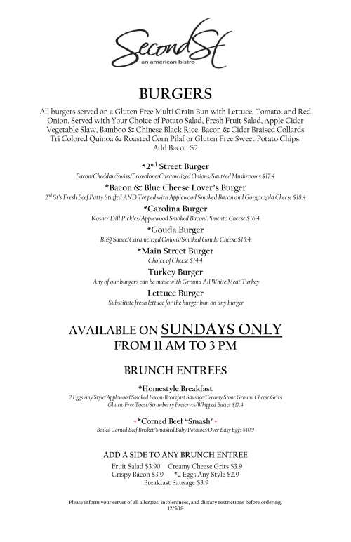 Second Street American Bistro menu in Williamsburg, Virginia, USA