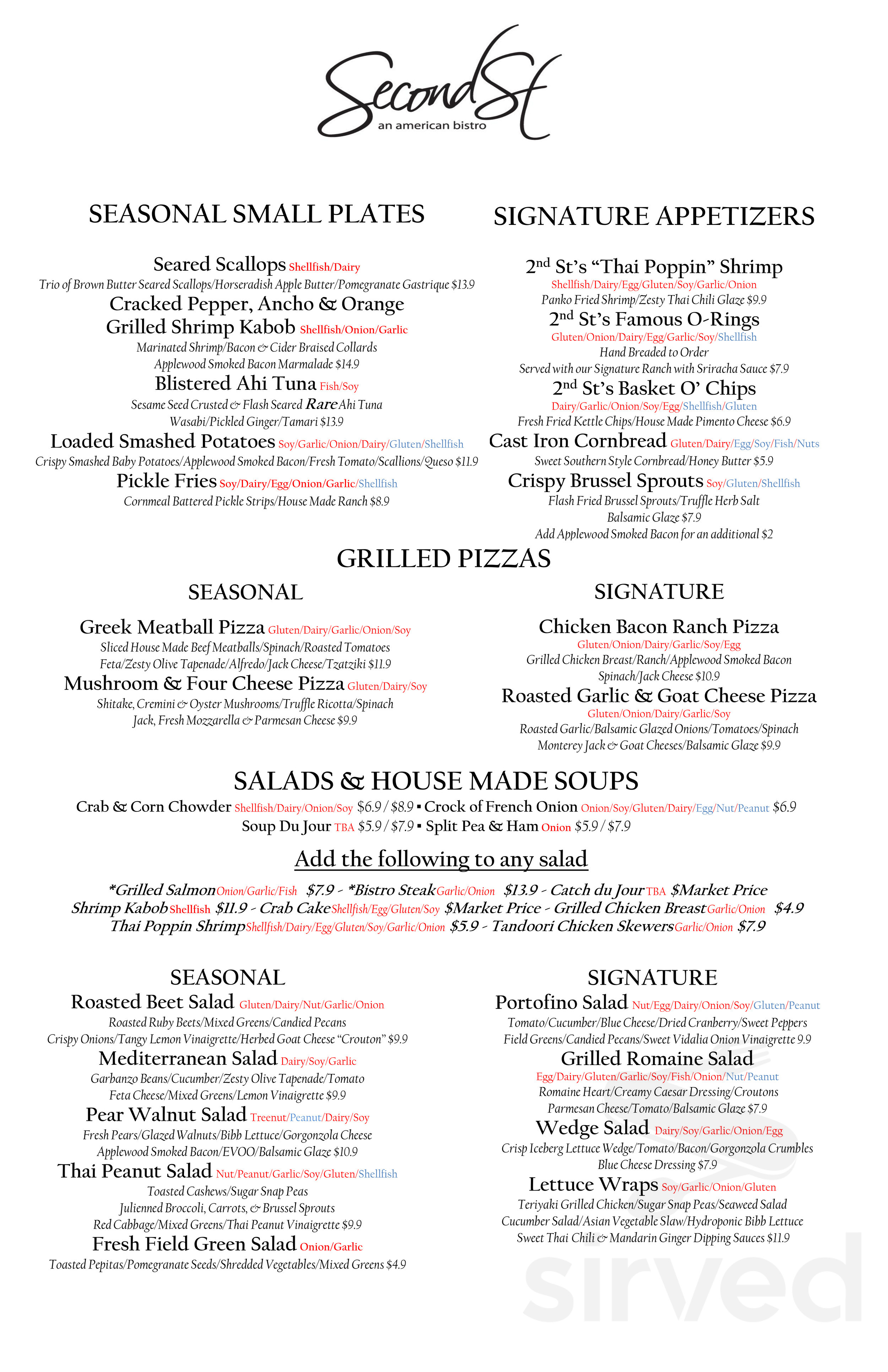 Second Street American Bistro menu in Williamsburg, Virginia, USA