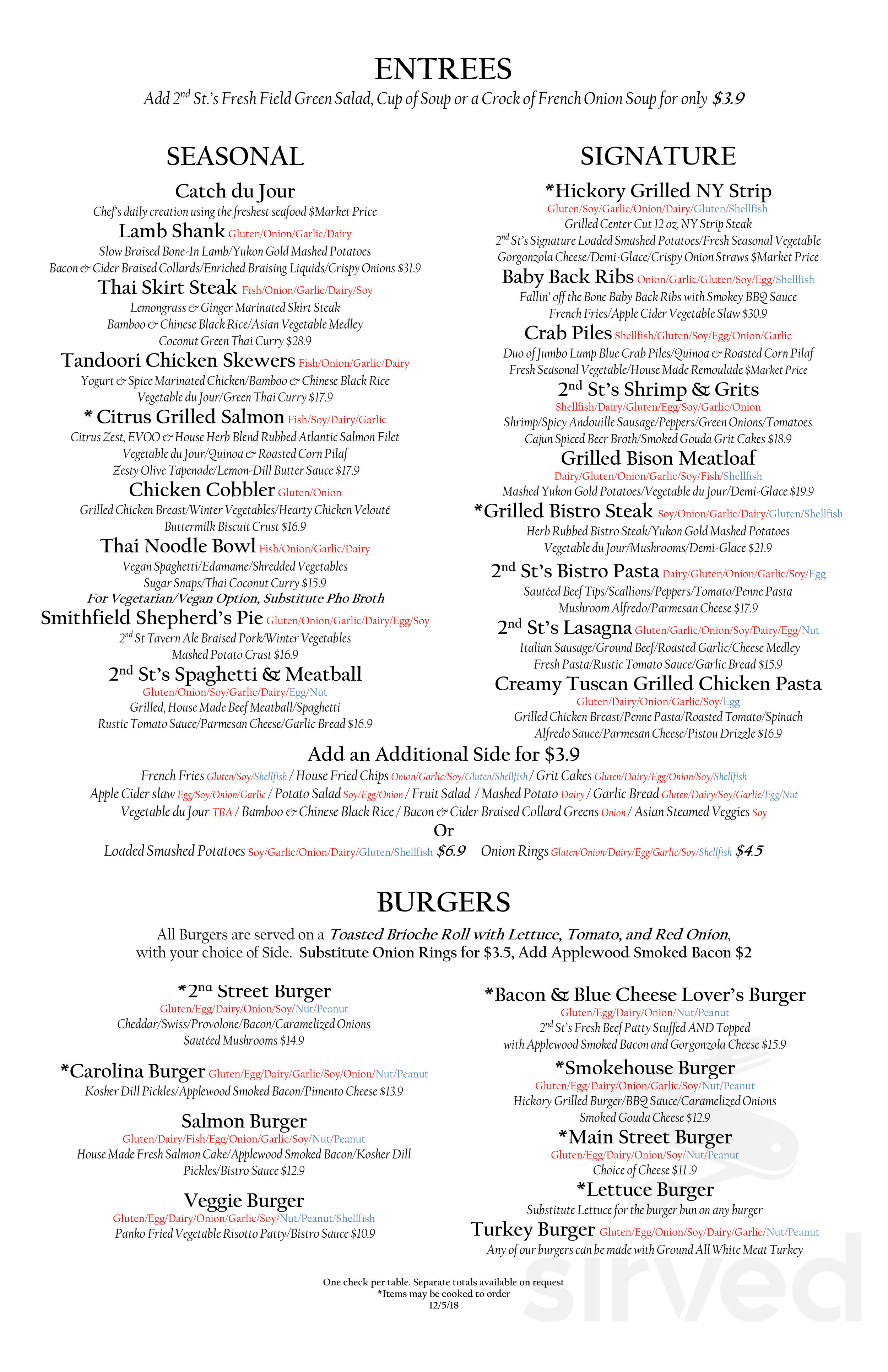 Second Street American Bistro menu in Newport News, Virginia, USA