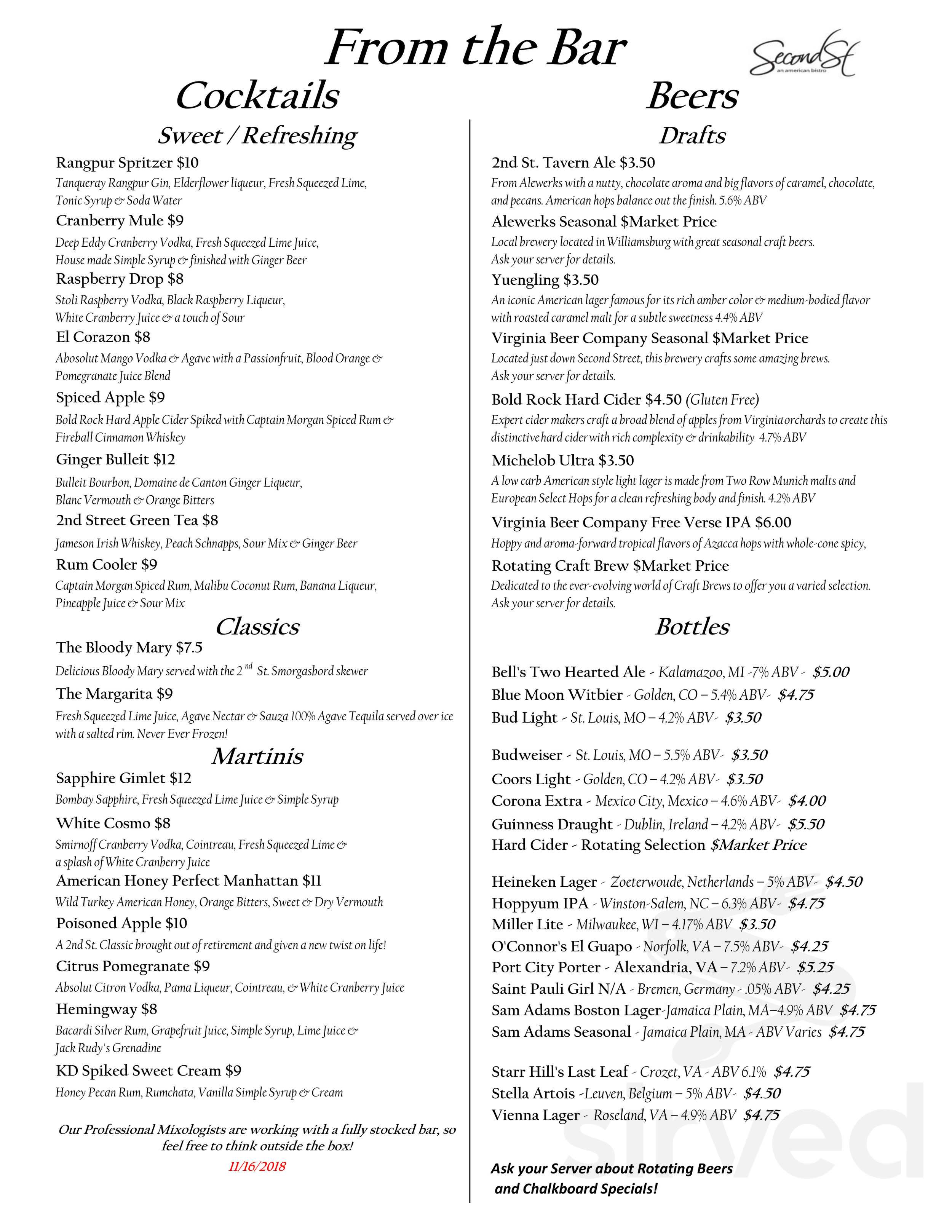 Second Street American Bistro menu in Newport News, Virginia, USA