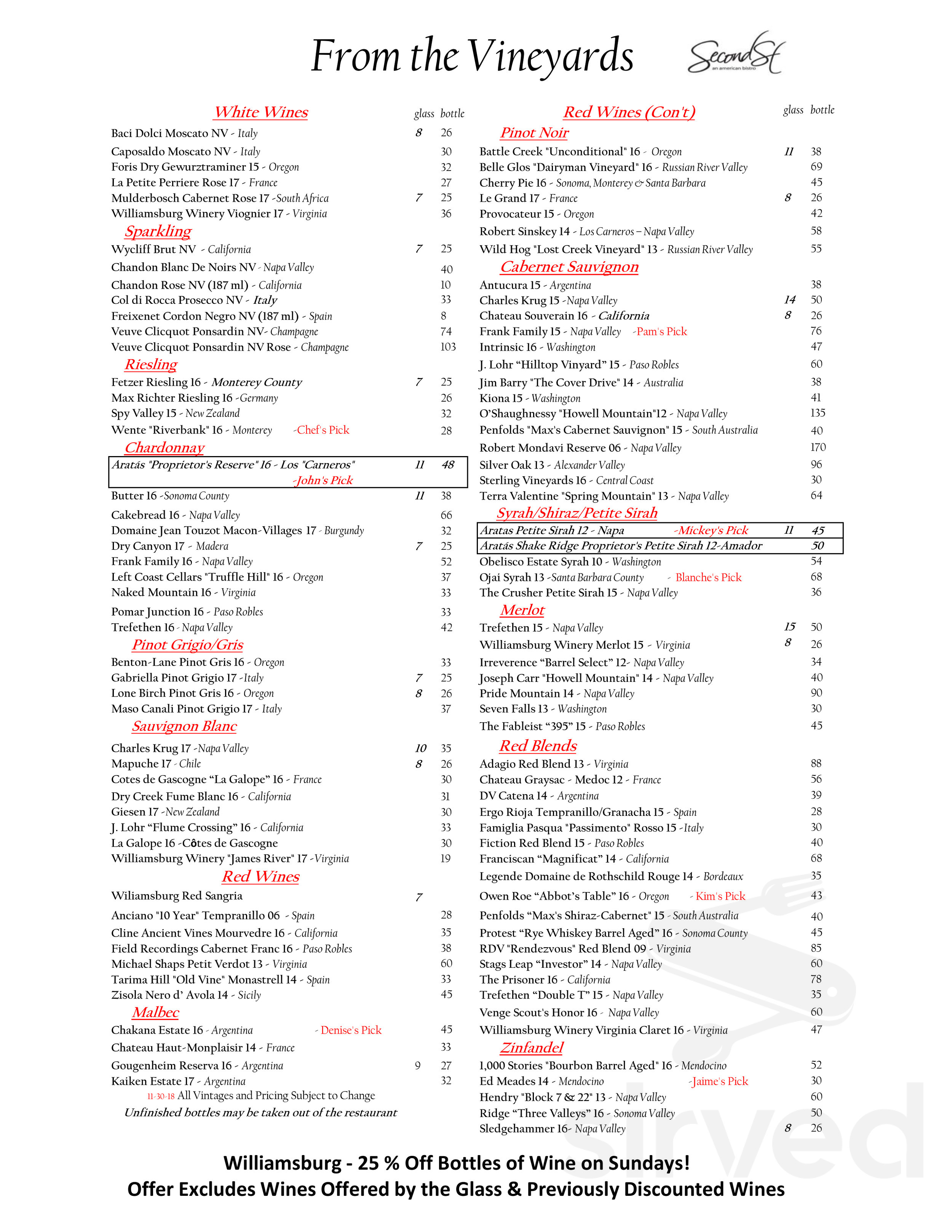 Second Street American Bistro menu in Newport News, Virginia, USA