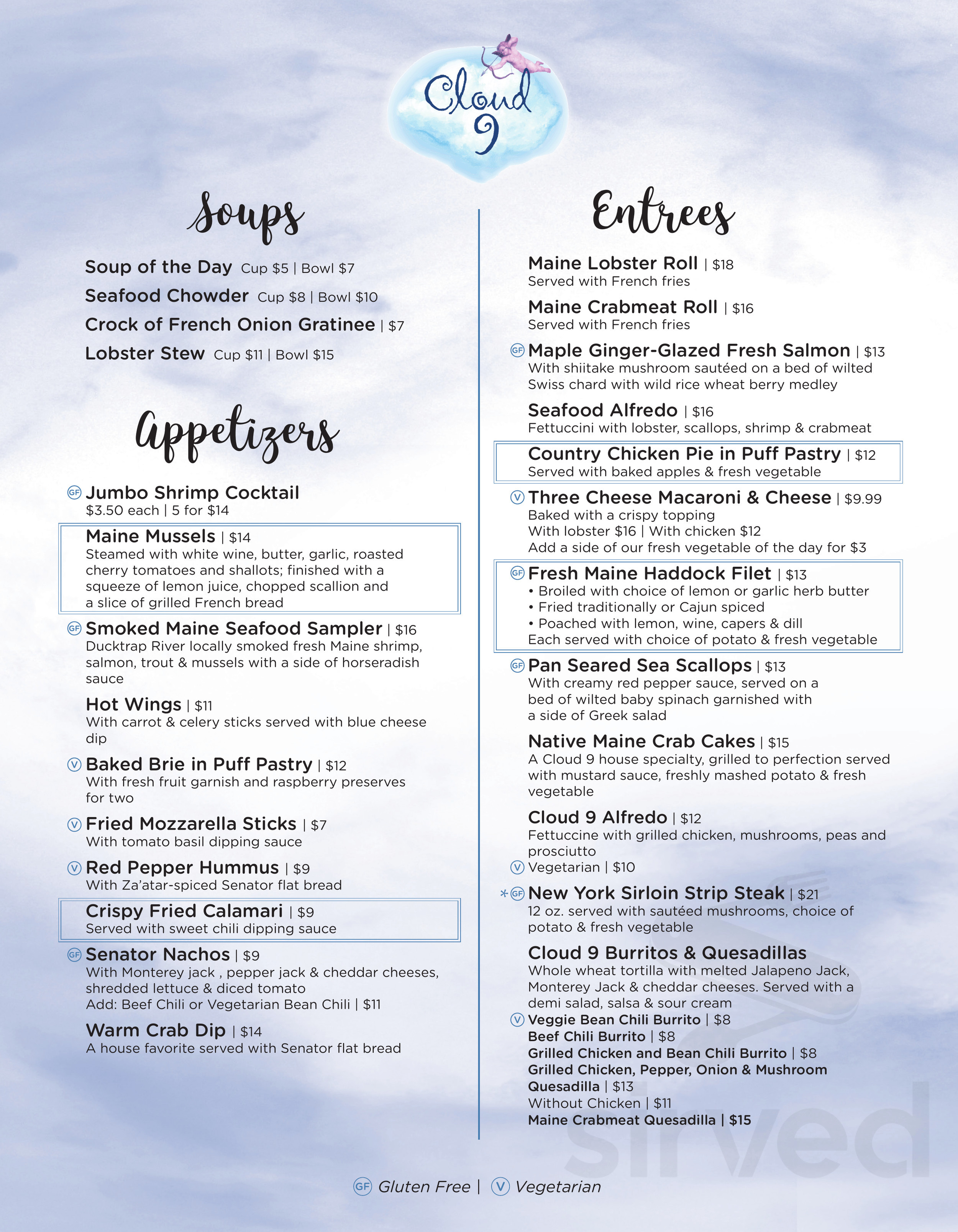Cloud 9 Restaurant menu in Augusta, Maine, USA
