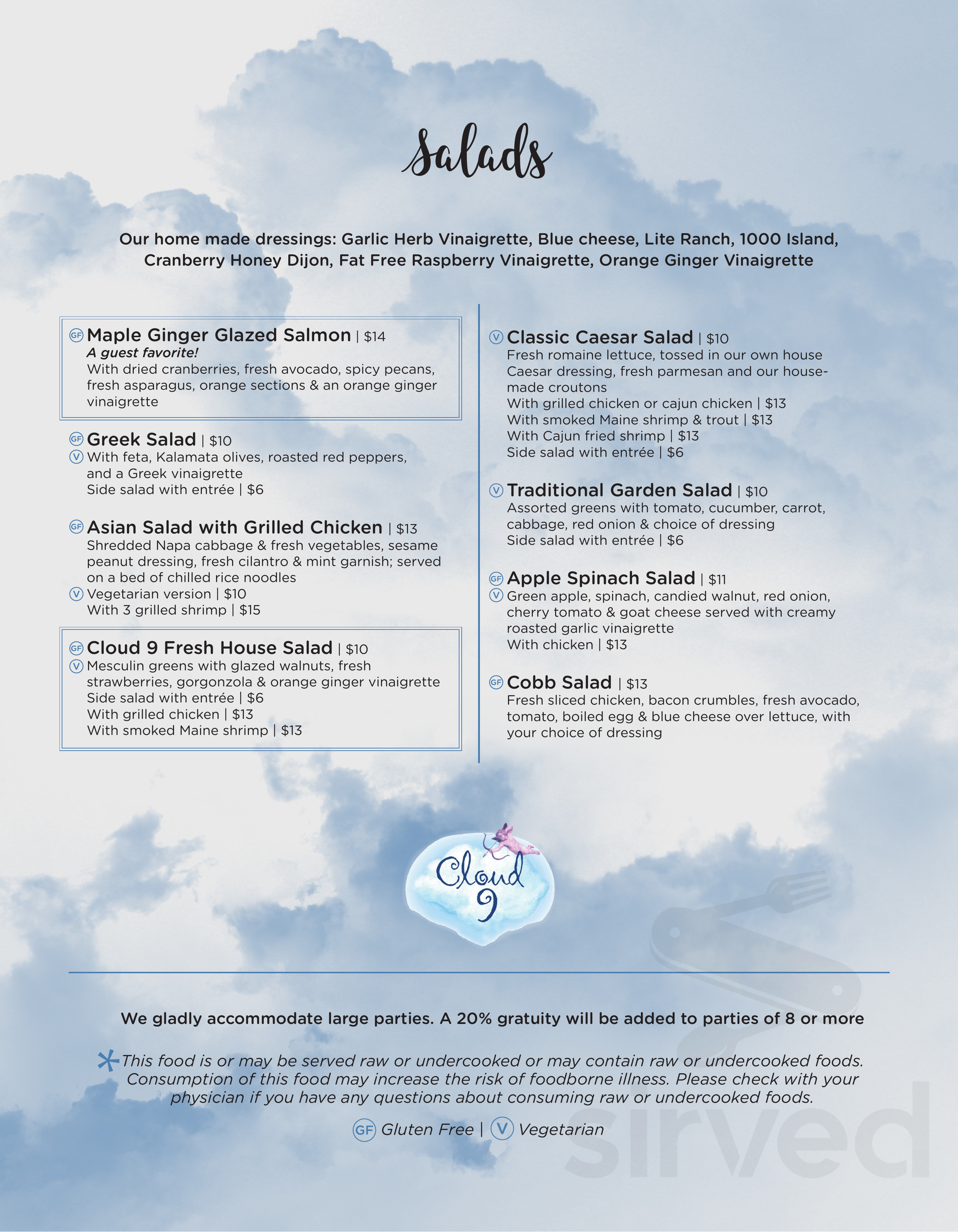 Cloud 9 Restaurant menu in Augusta, Maine, USA