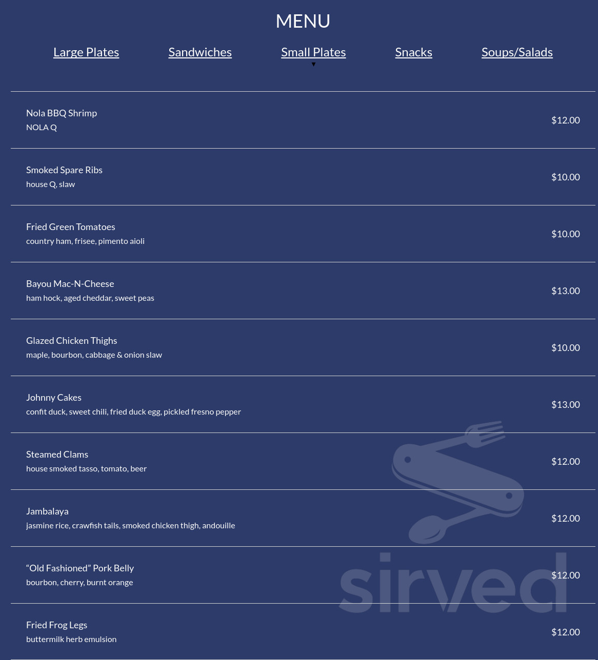 The Bayou menu in Bethlehem, Pennsylvania, USA