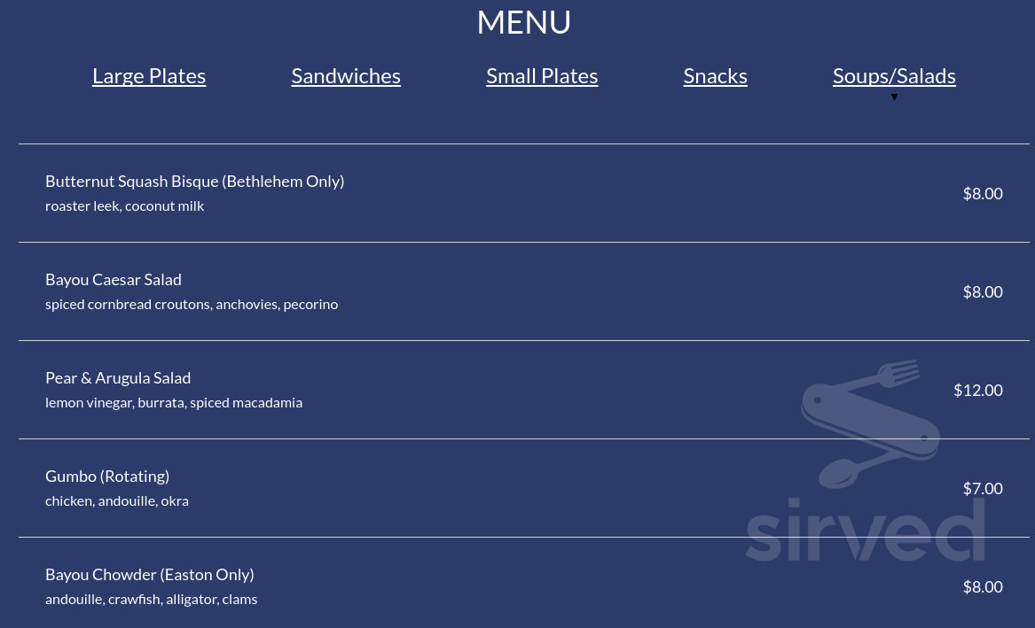 The Bayou menu in Bethlehem, Pennsylvania, USA