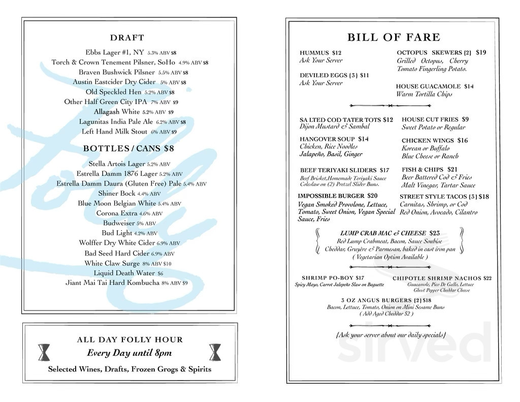 The Folly menu in New York, New York, USA