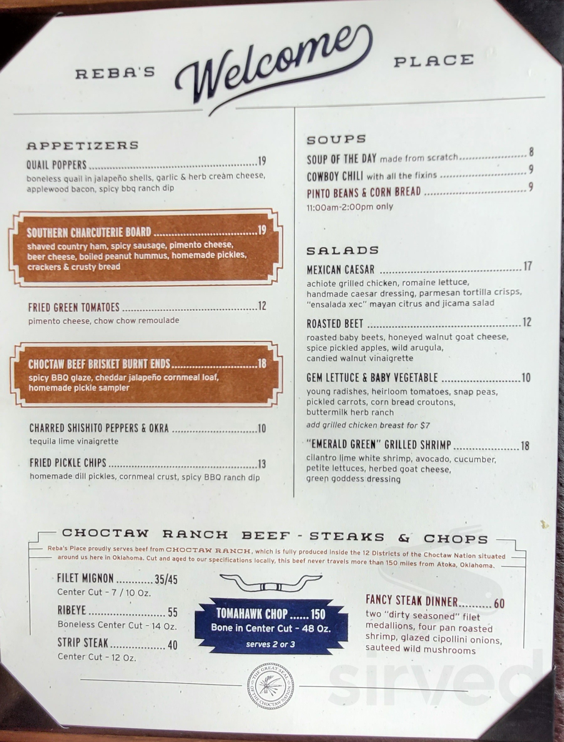 Rebas menu in Atoka, Oklahoma, USA