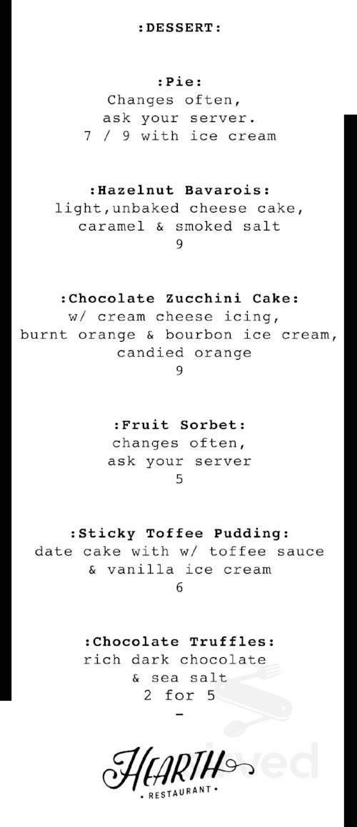 Hearth Restaurant menu in Saskatoon, Saskatchewan, Canada