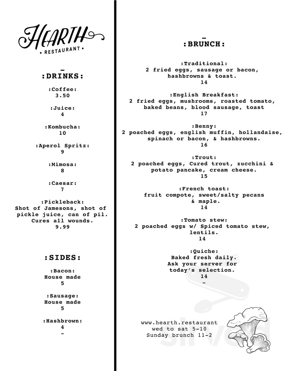 Hearth Restaurant menu in Saskatoon, Saskatchewan, Canada