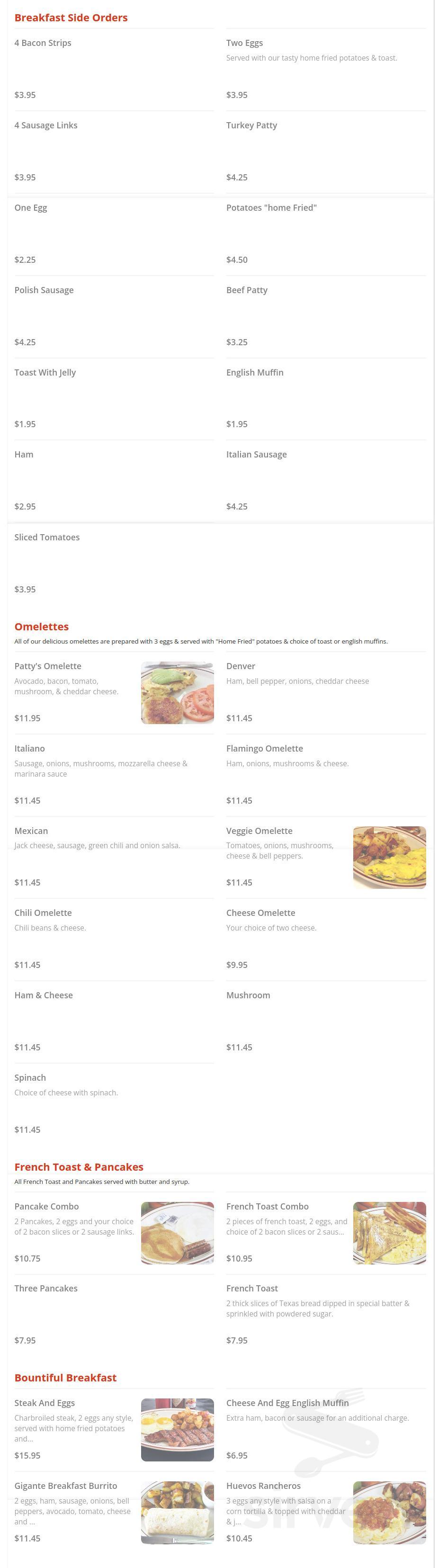 Flaming Patty's menu in Los Angeles, California, USA