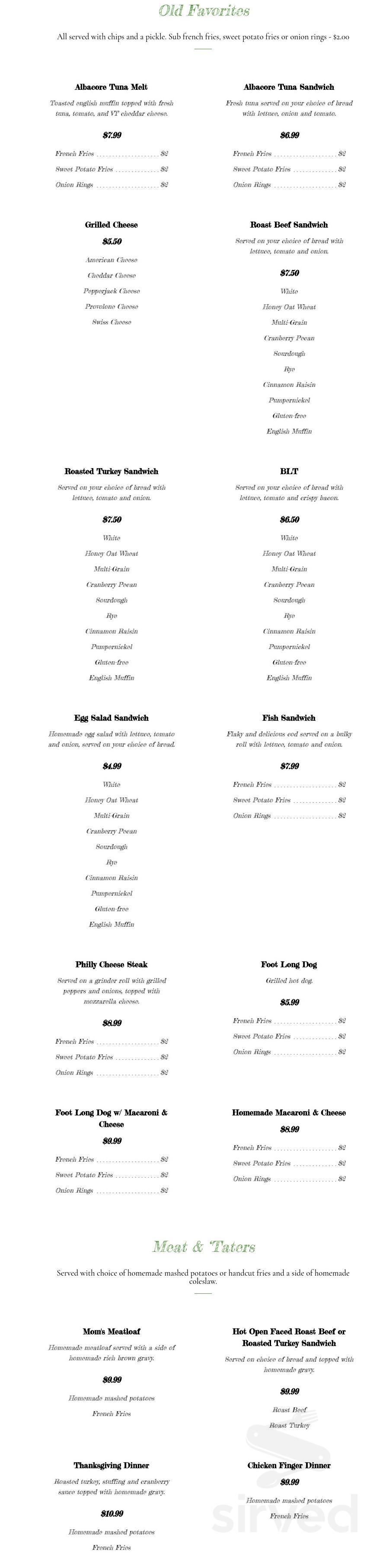 The Putney Diner menu in Putney, Vermont, USA