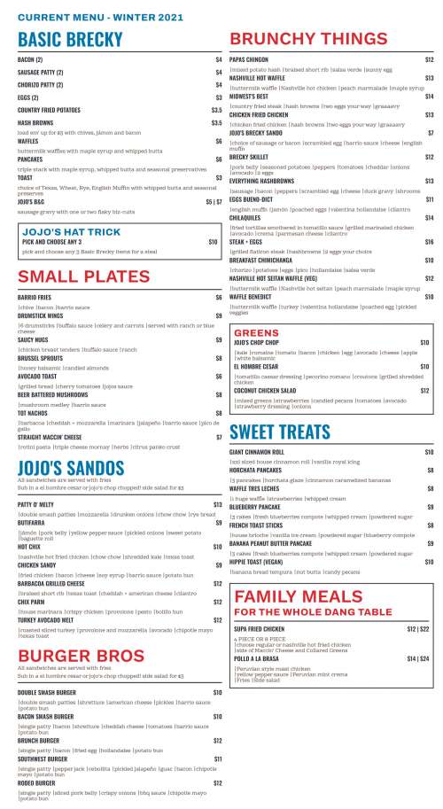 Jojo's Diner-Benson menu in Omaha, Nebraska, USA