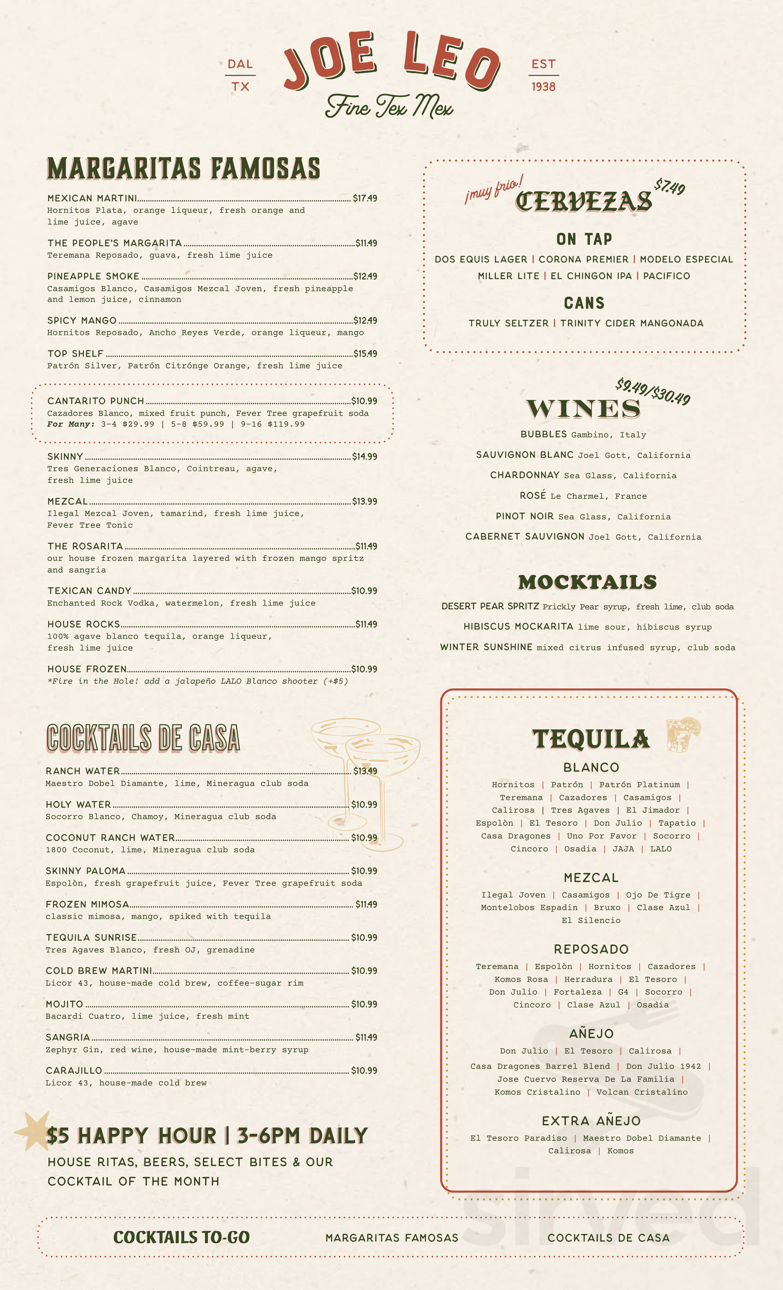 Joe Leo Fine Tex Mex menu in Dallas, Texas, USA