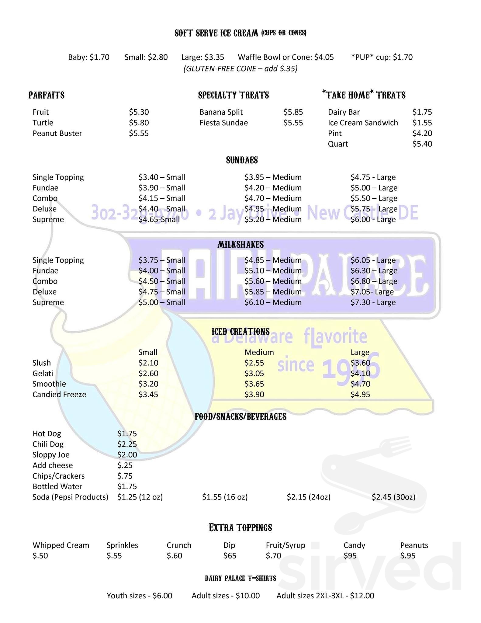 Dairy Palace menu in New Castle, Delaware, USA