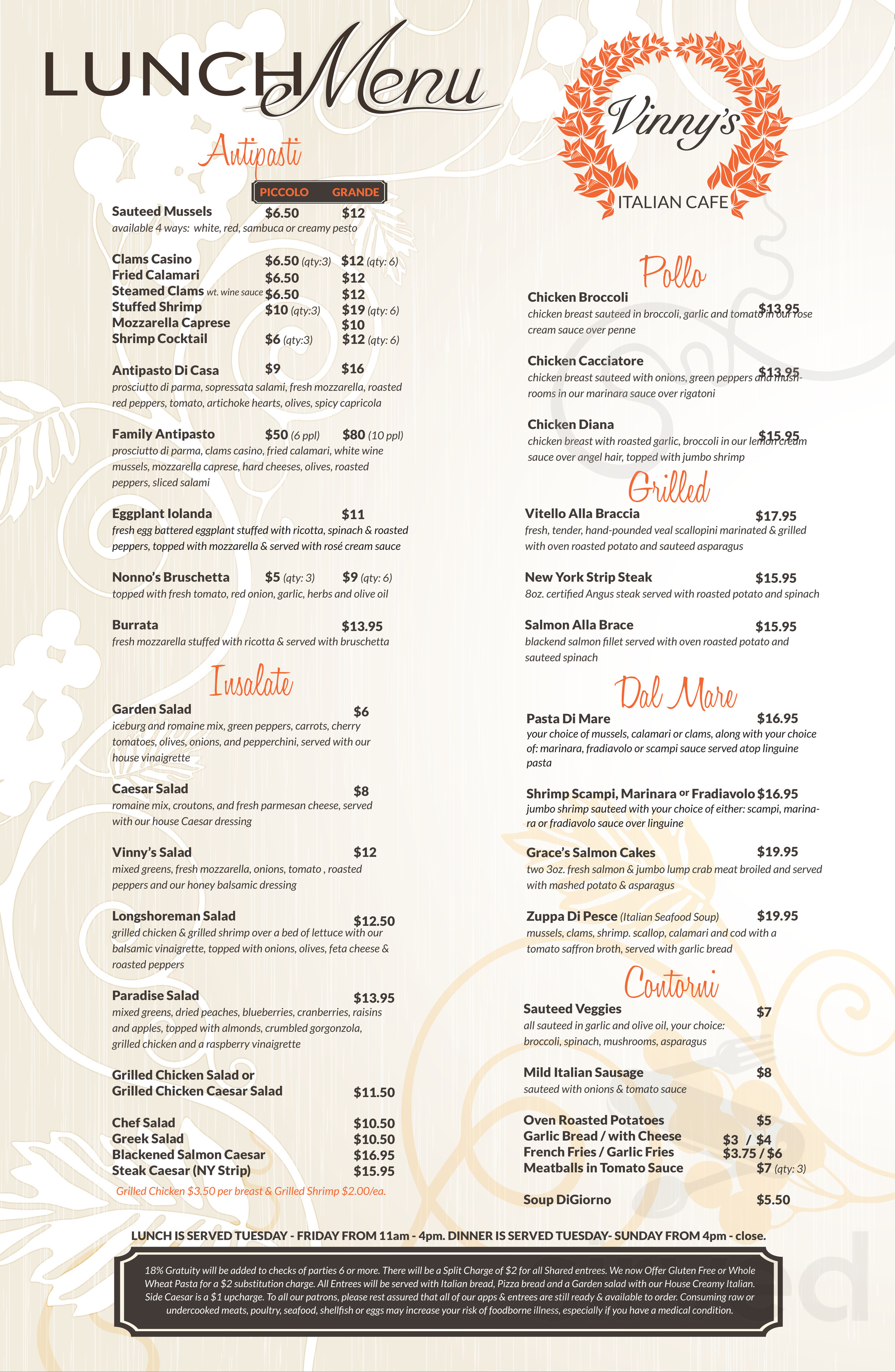 Vinny's Cafe menu in Baltimore, Maryland, USA