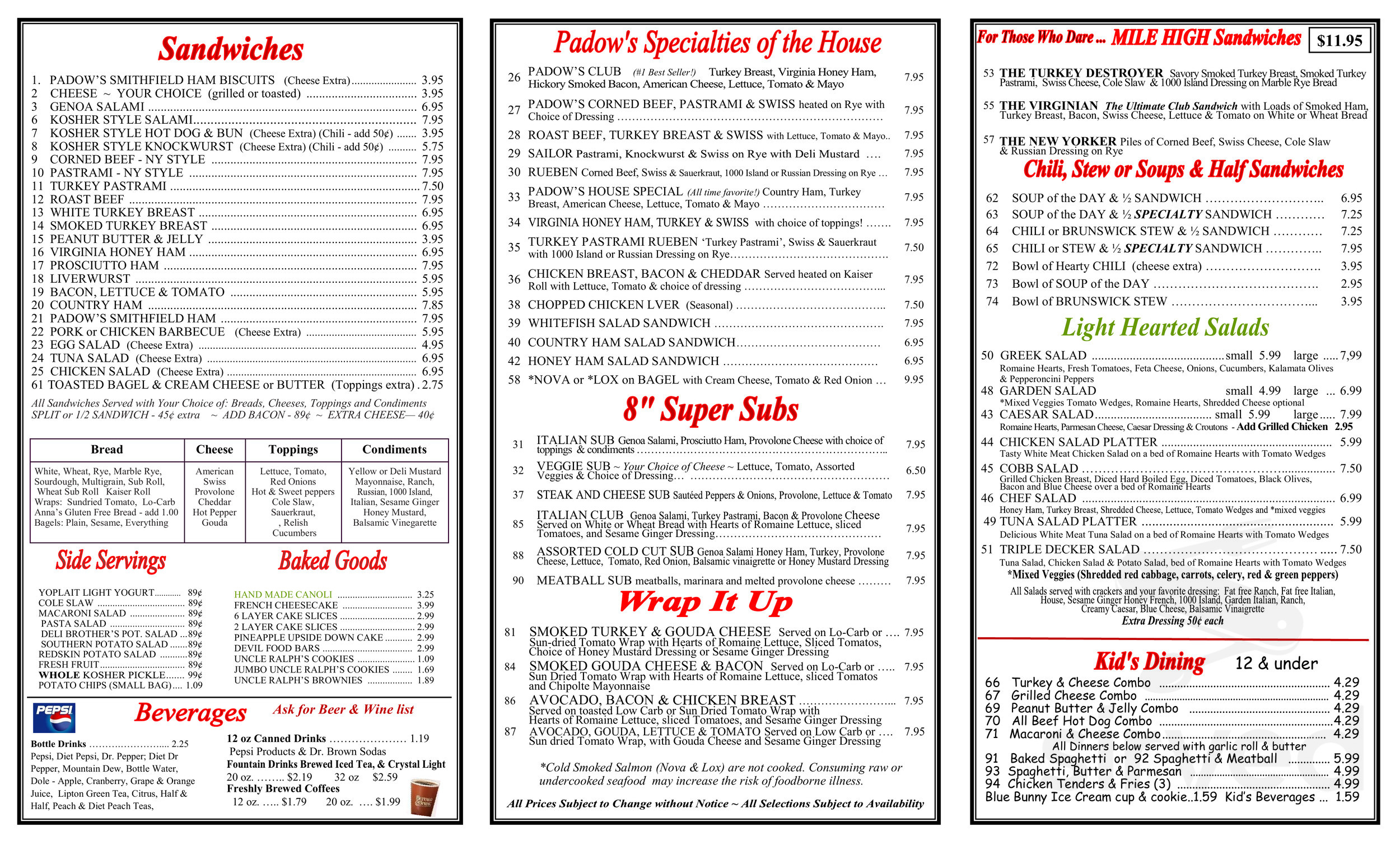 Padow's Hams and Deli menu in Richmond, Virginia, USA