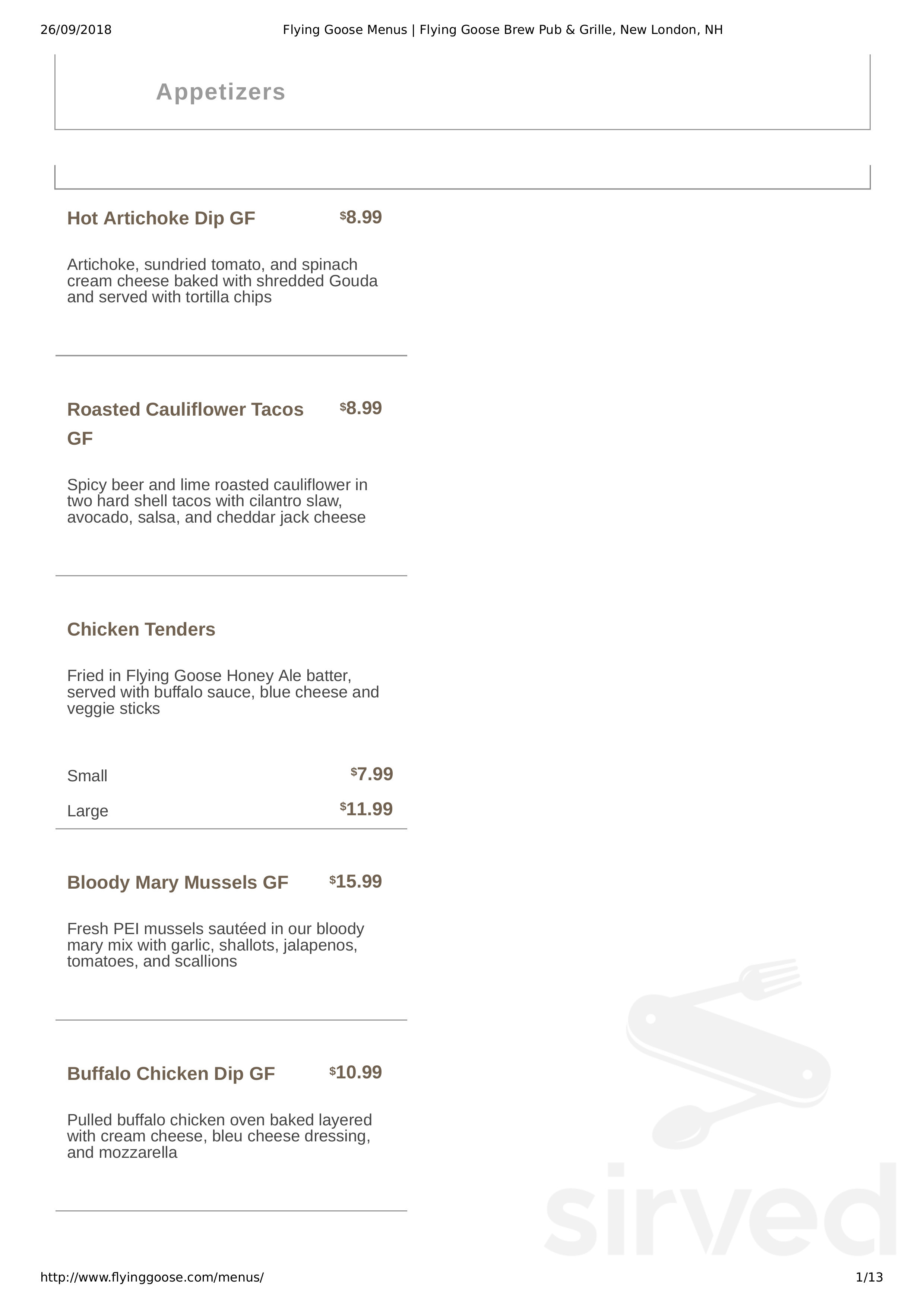 Flying Goose Brew Pub menu in New London, New Hampshire, USA