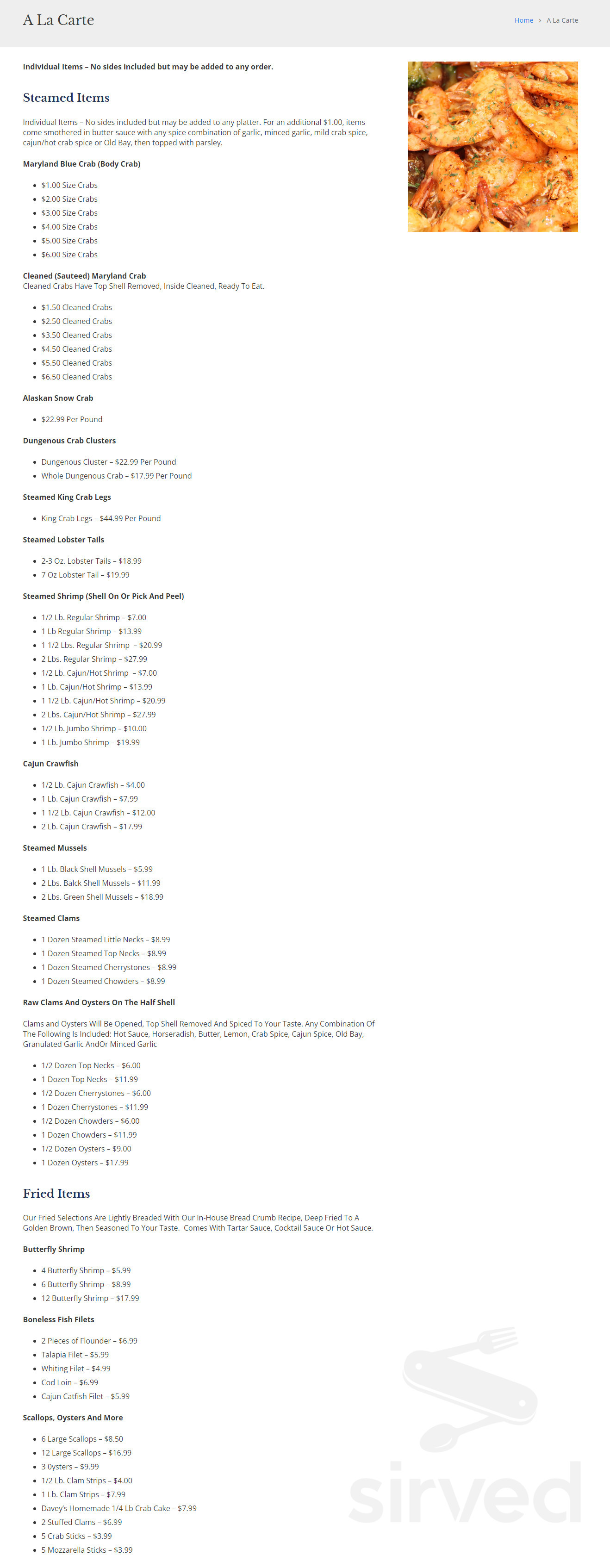 Menu - Philadelphia PA's Crab Shack | Sirved