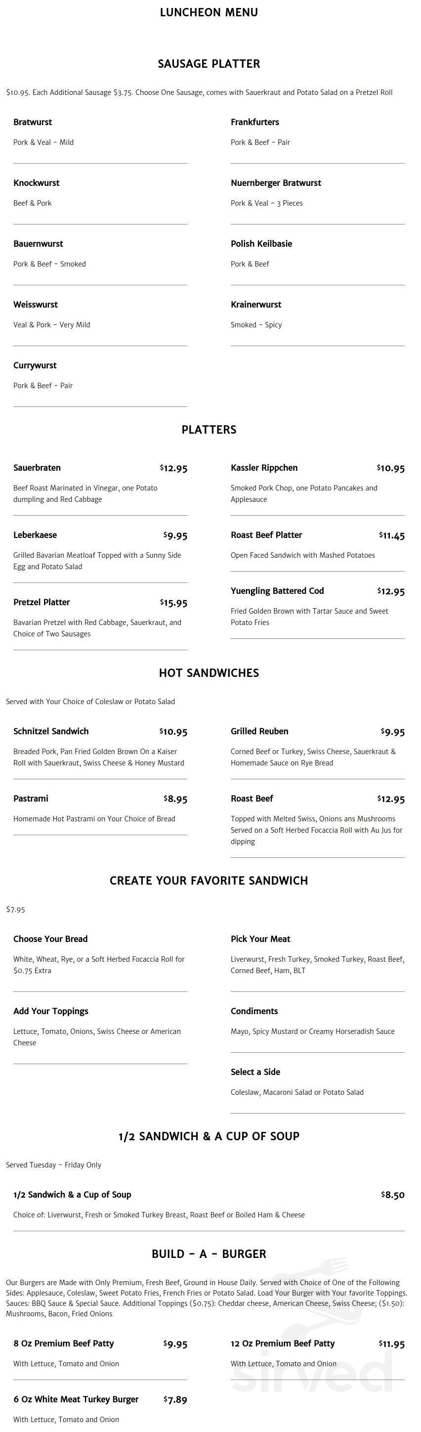 The Alpine Wurst & Meat House menu in Honesdale, Pennsylvania, USA