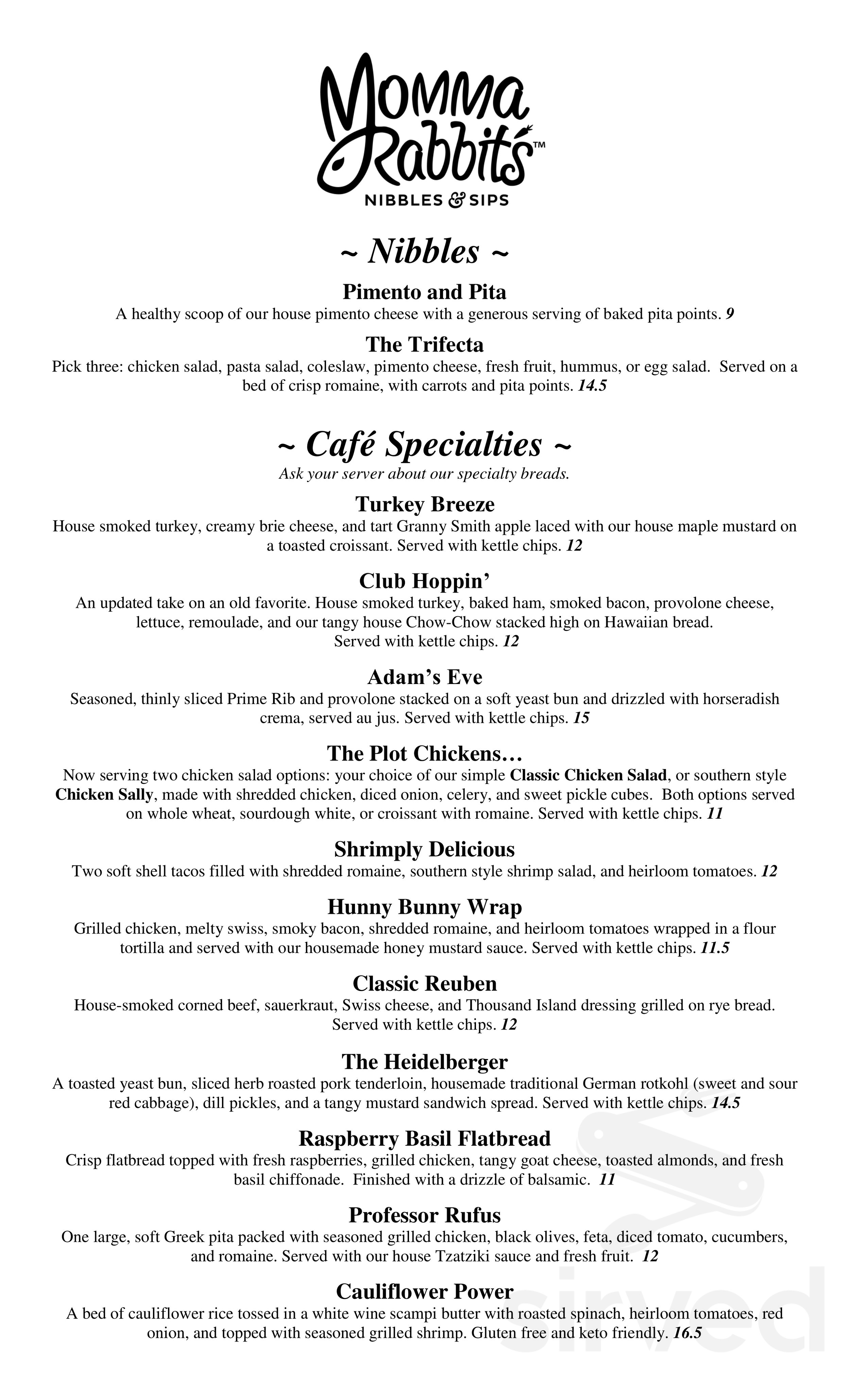 Momma Rabbit's Nibbles and Sips menu in Lexington, South Carolina, USA