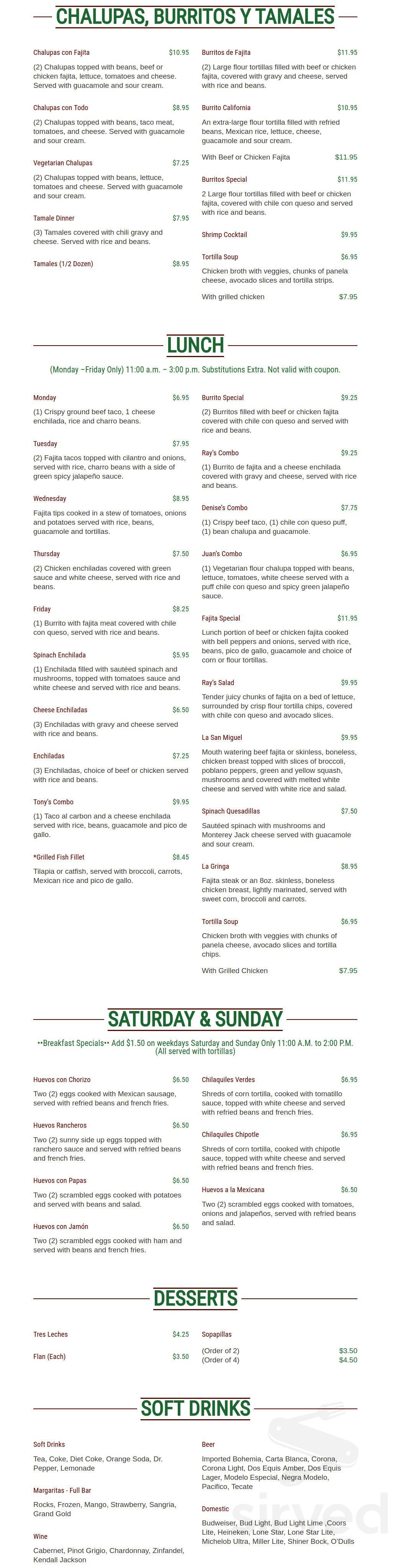 Menu for Ray's Mexican Restaurant in Katy, TX | Sirved