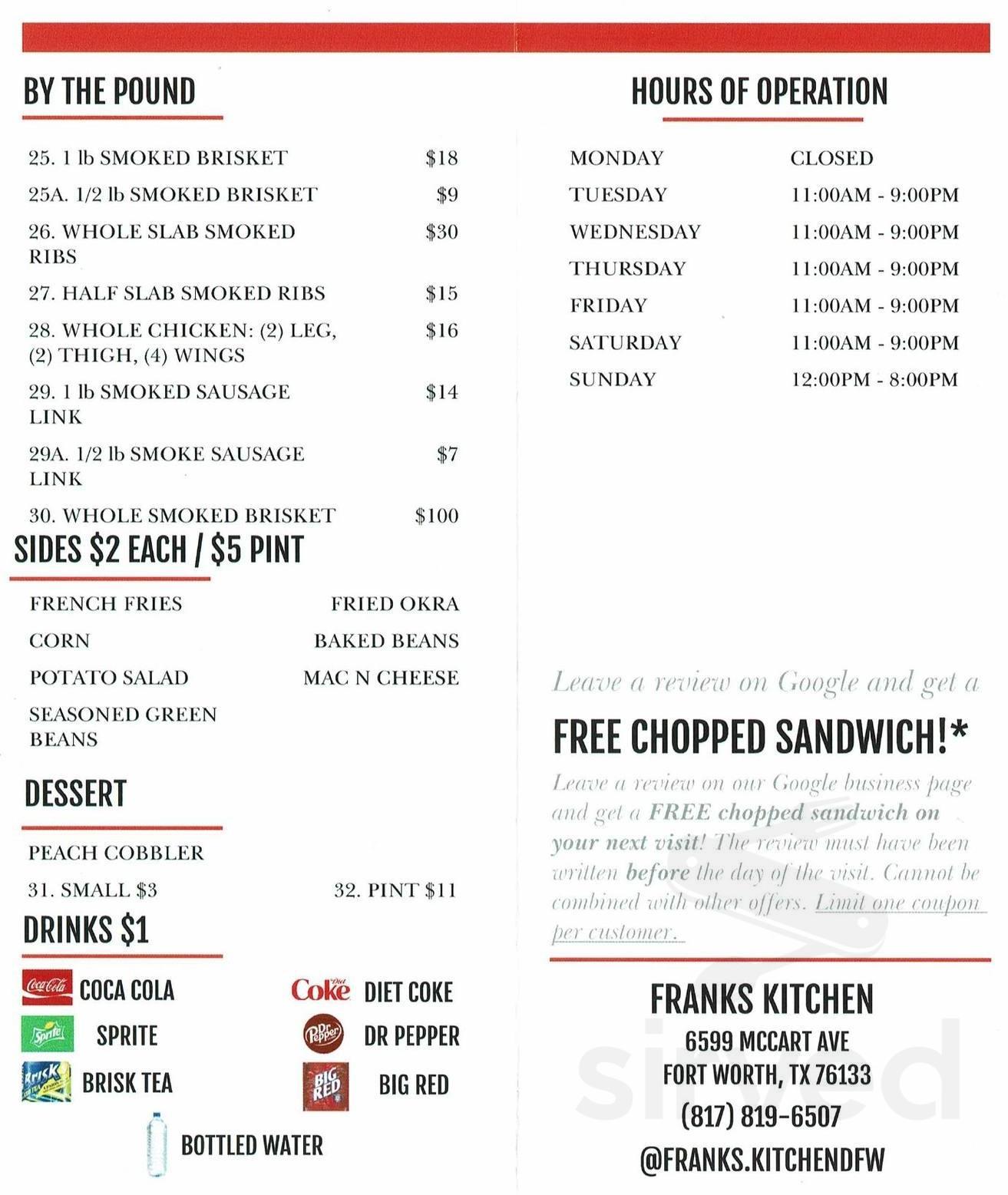 Franks Kitchen menus in Fort Worth, Texas, United States