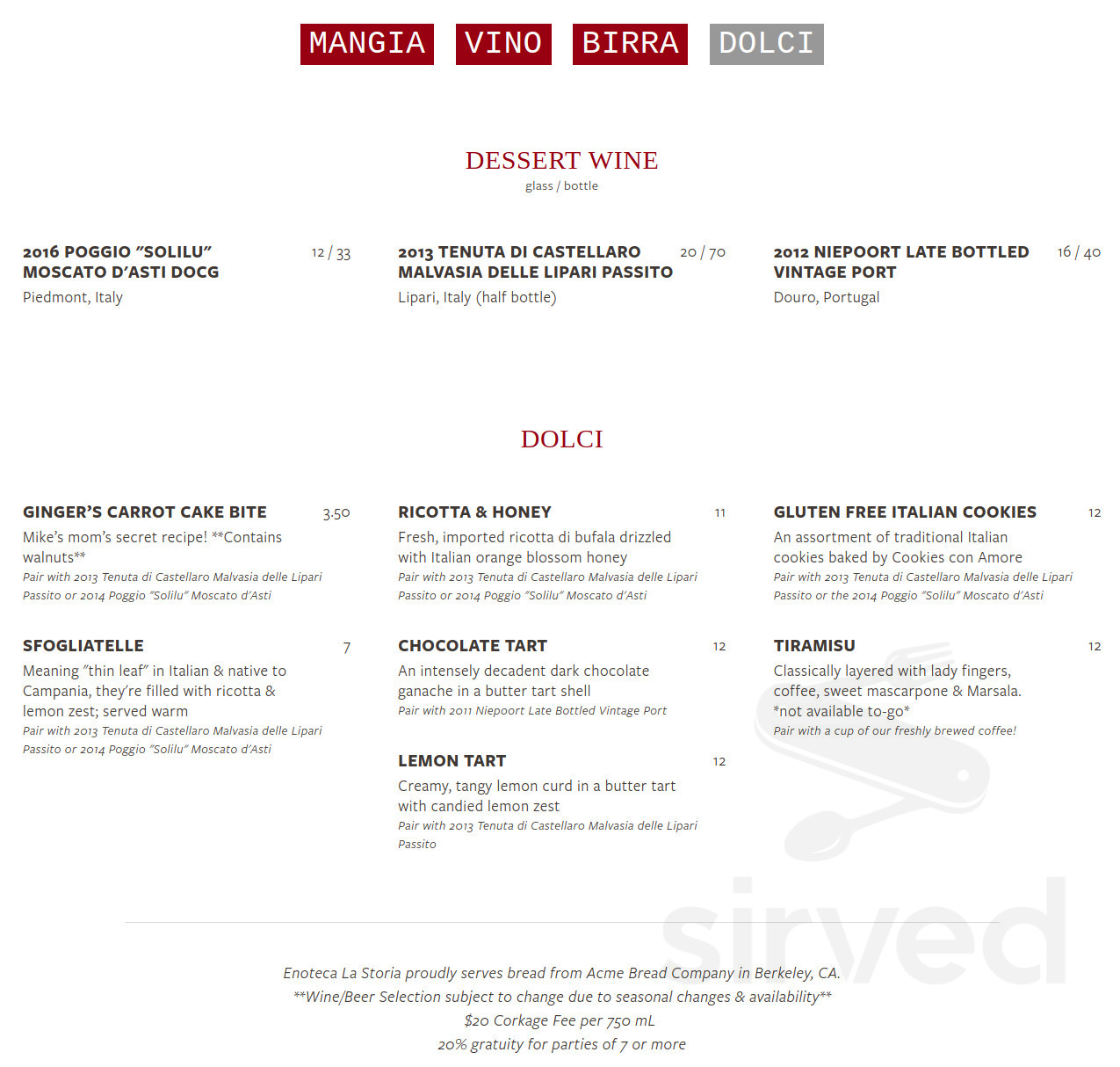 Enoteca La Storia menu in Los Gatos, California, USA