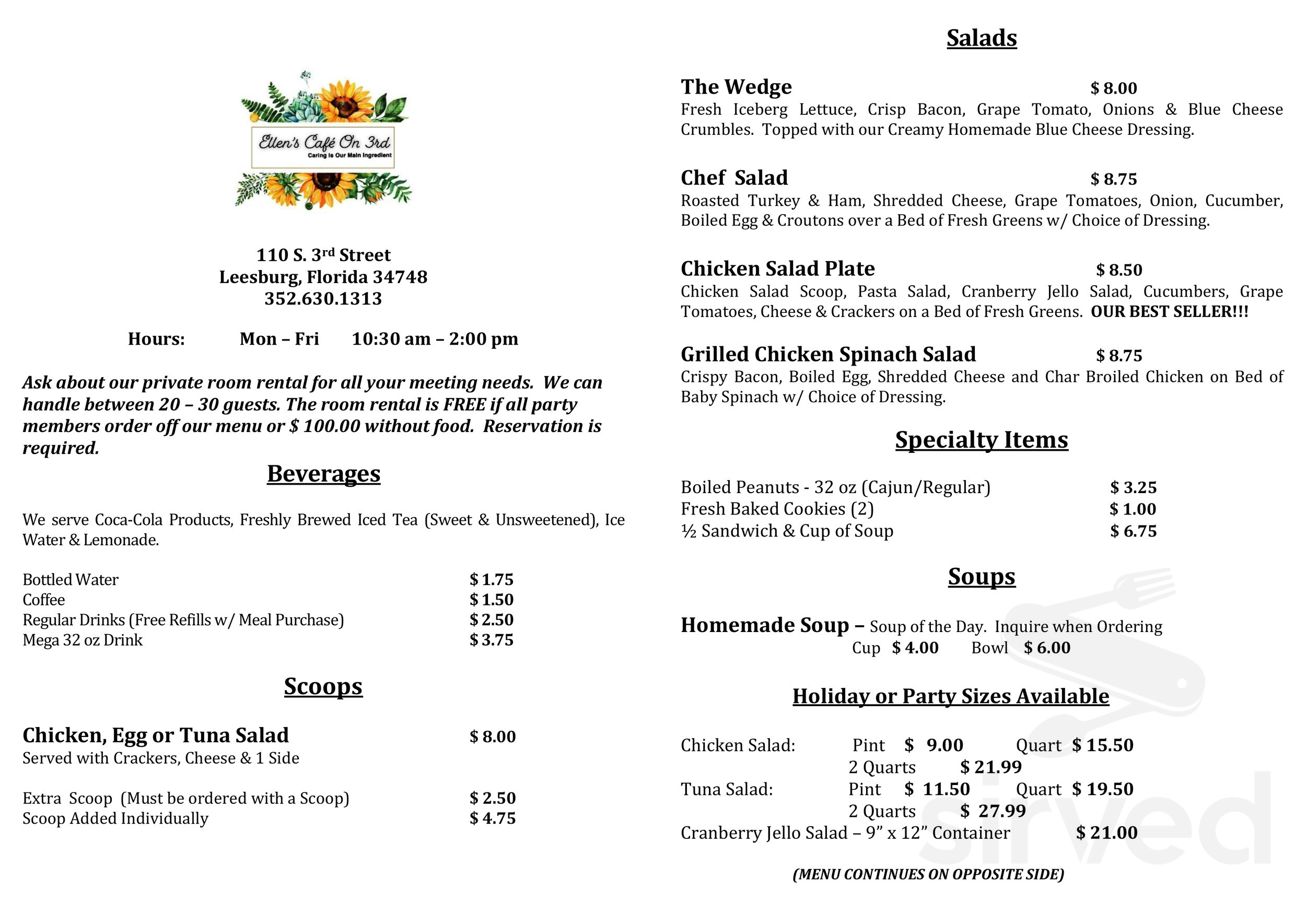 Menu for Ellen's Café On 3RD in Leesburg, FL | Sirved