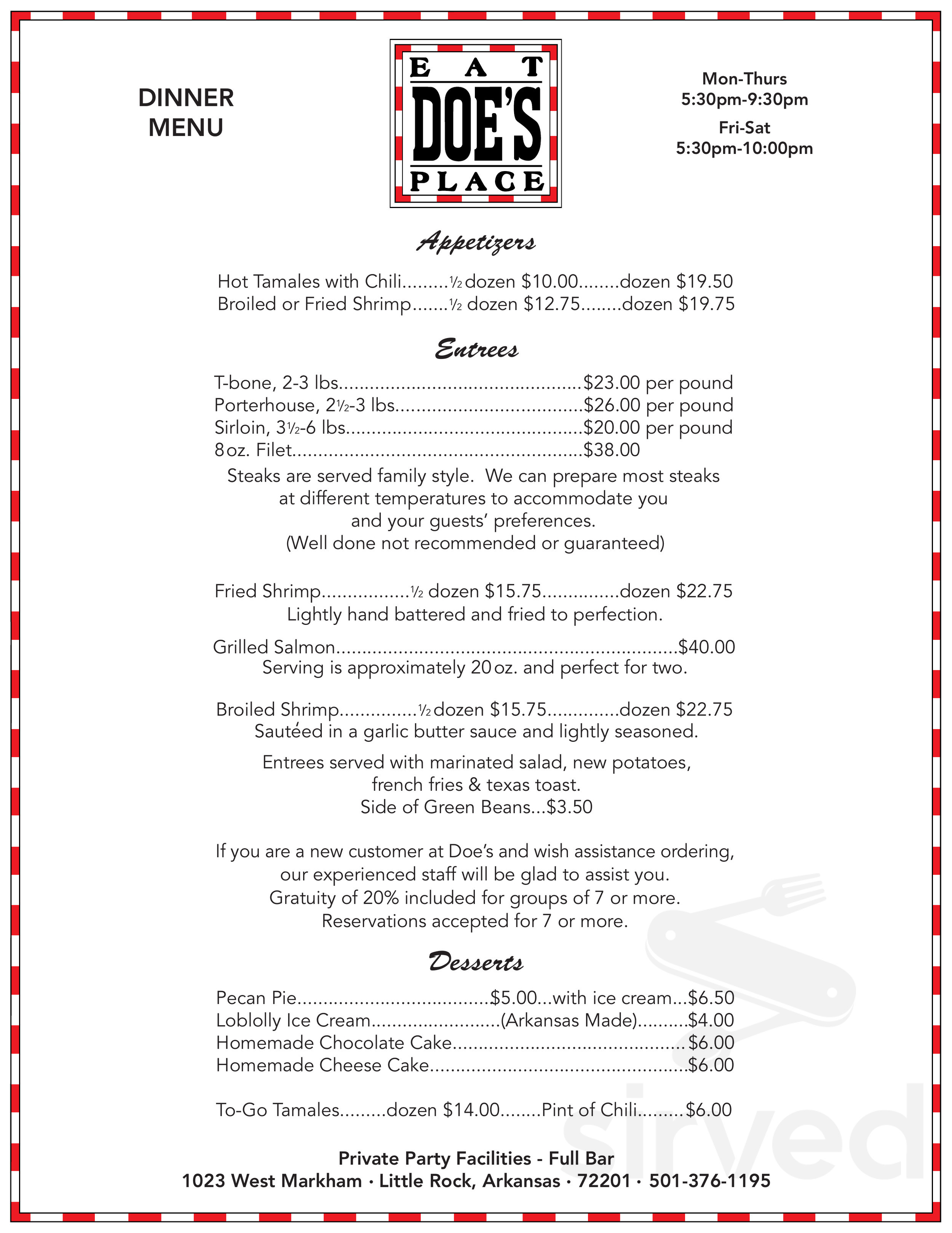 Doe's Eat Place menu in Little Rock, Arkansas, USA