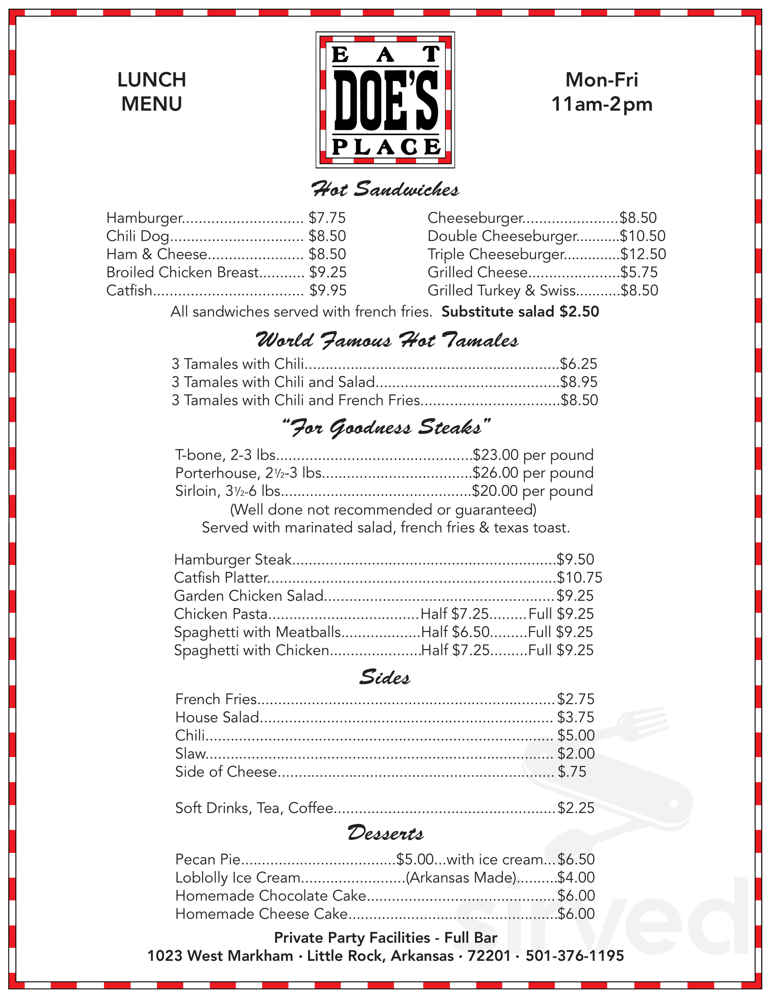 Doe's Eat Place menu in Little Rock, Arkansas, USA