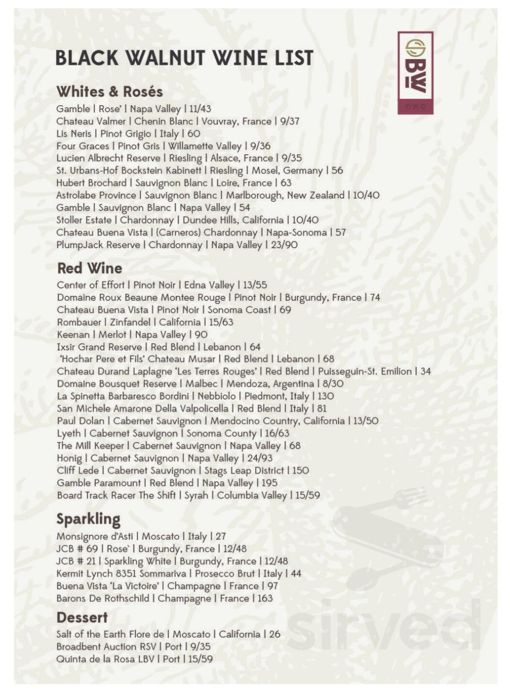 Black Walnut menu in Oklahoma City, Oklahoma, USA