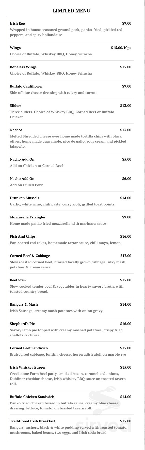 Menu - Tampa FL's Strandhill Public | Sirved