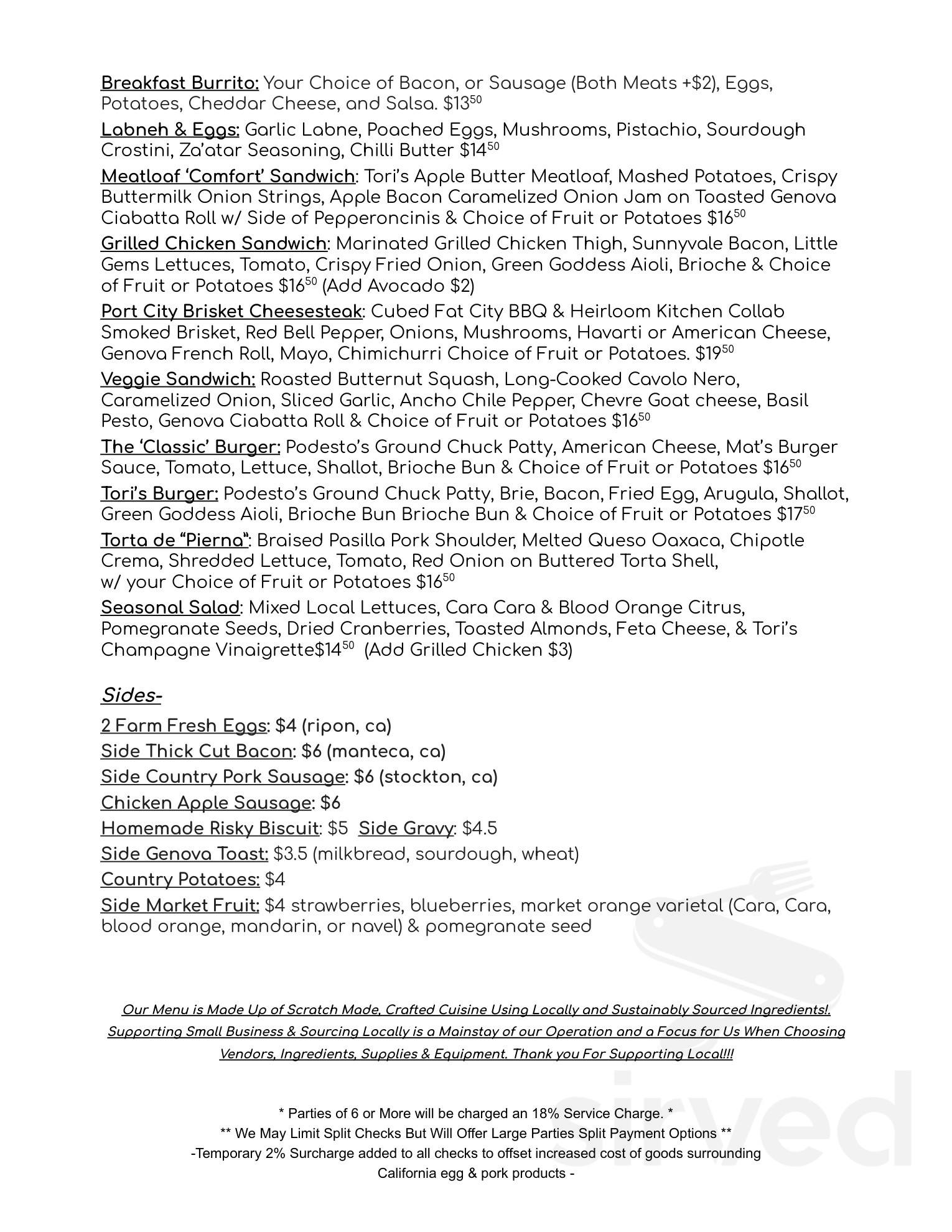 Heirloom kitchen menu in Stockton, California, USA