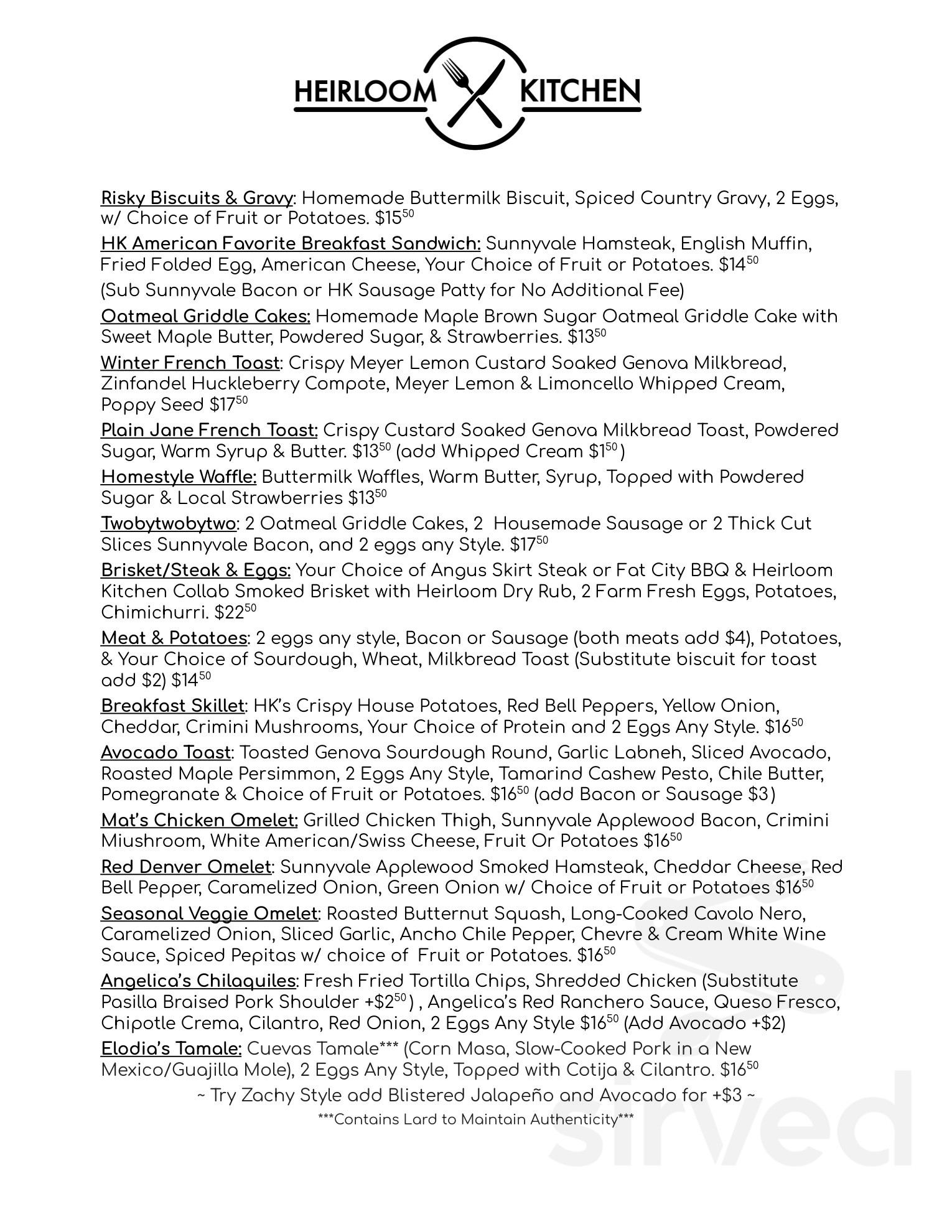 Heirloom kitchen menu in Stockton, California, USA