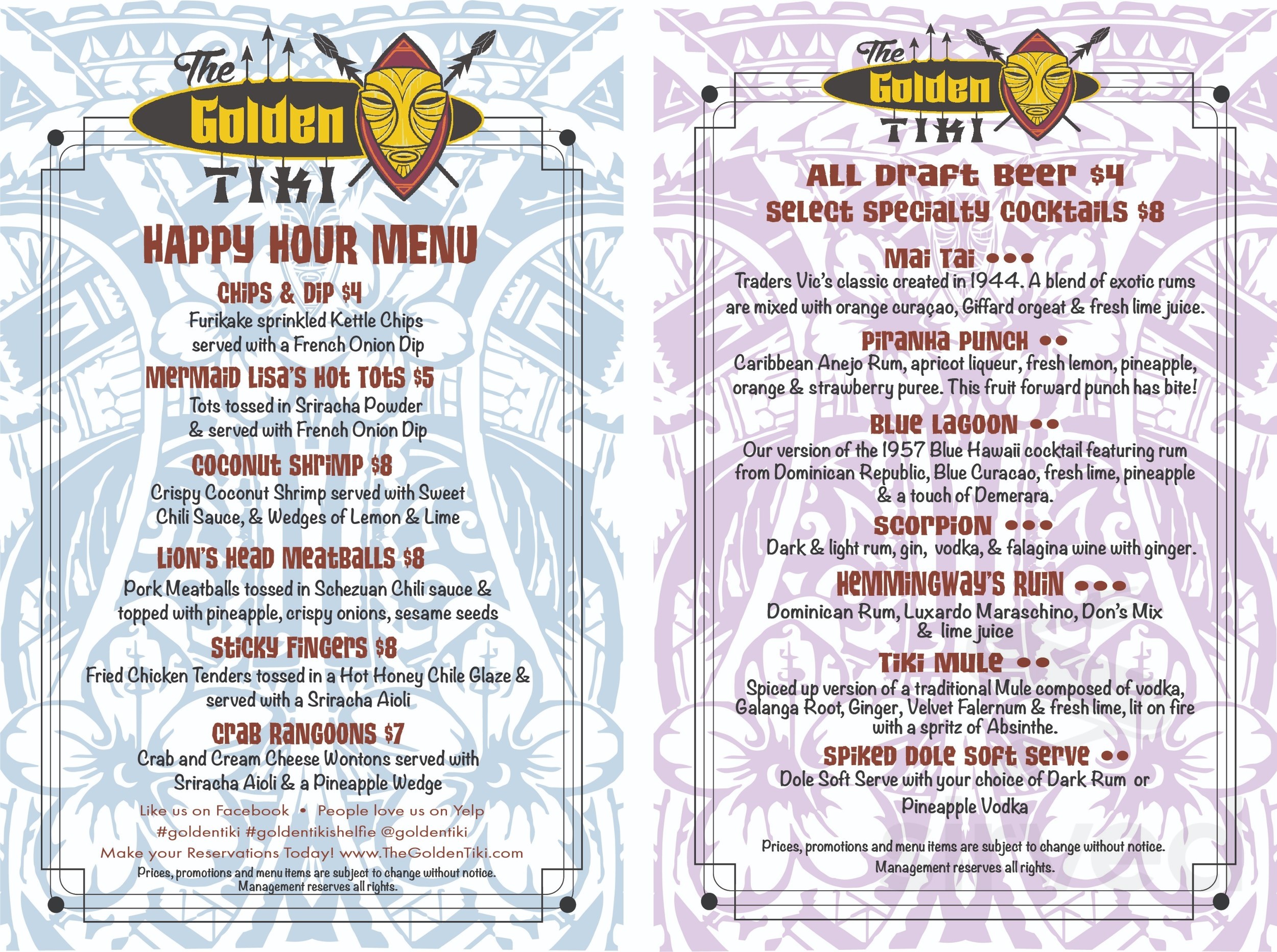 The Golden Tiki menu in Las Vegas, Nevada, USA