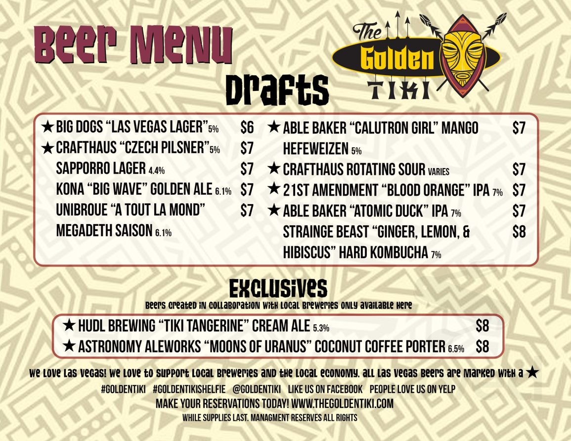 The Golden Tiki menu in Las Vegas, Nevada, USA